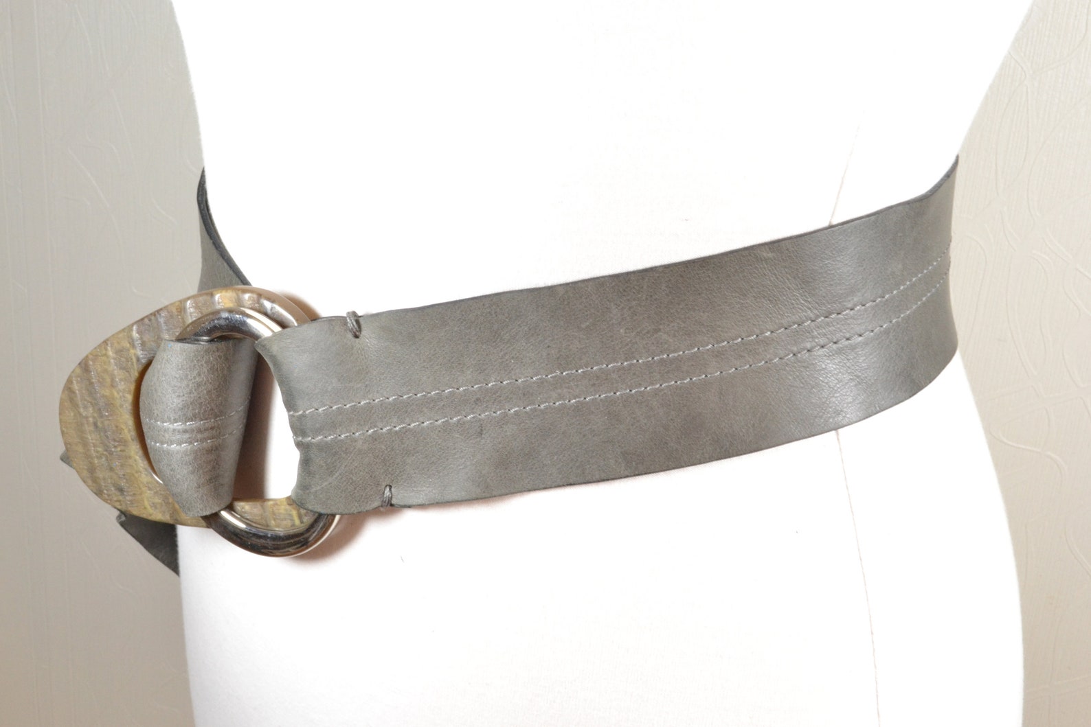 Gray Double Ring Belt, Unique Big Buckle, Gray Asymmetrical Leather ...