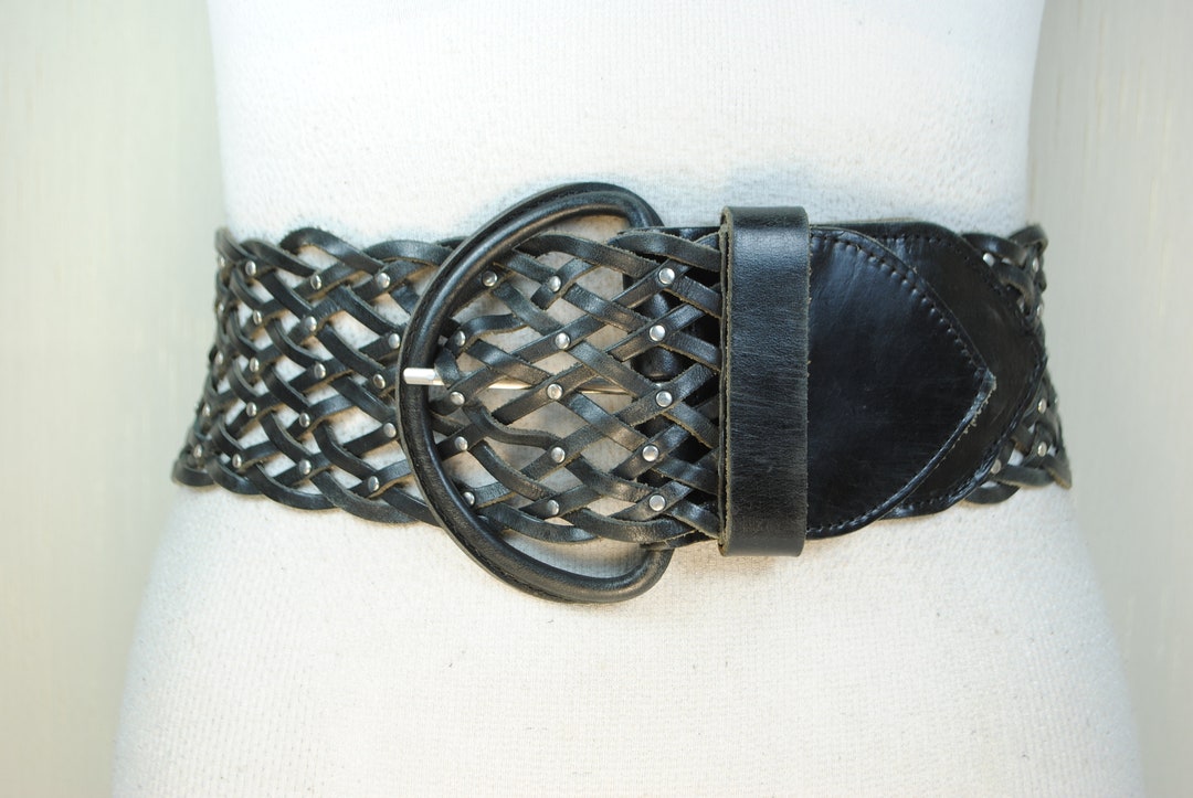Wide Black Braided Leather Belt, Black Riveted Belt, Black Studded Belt ...