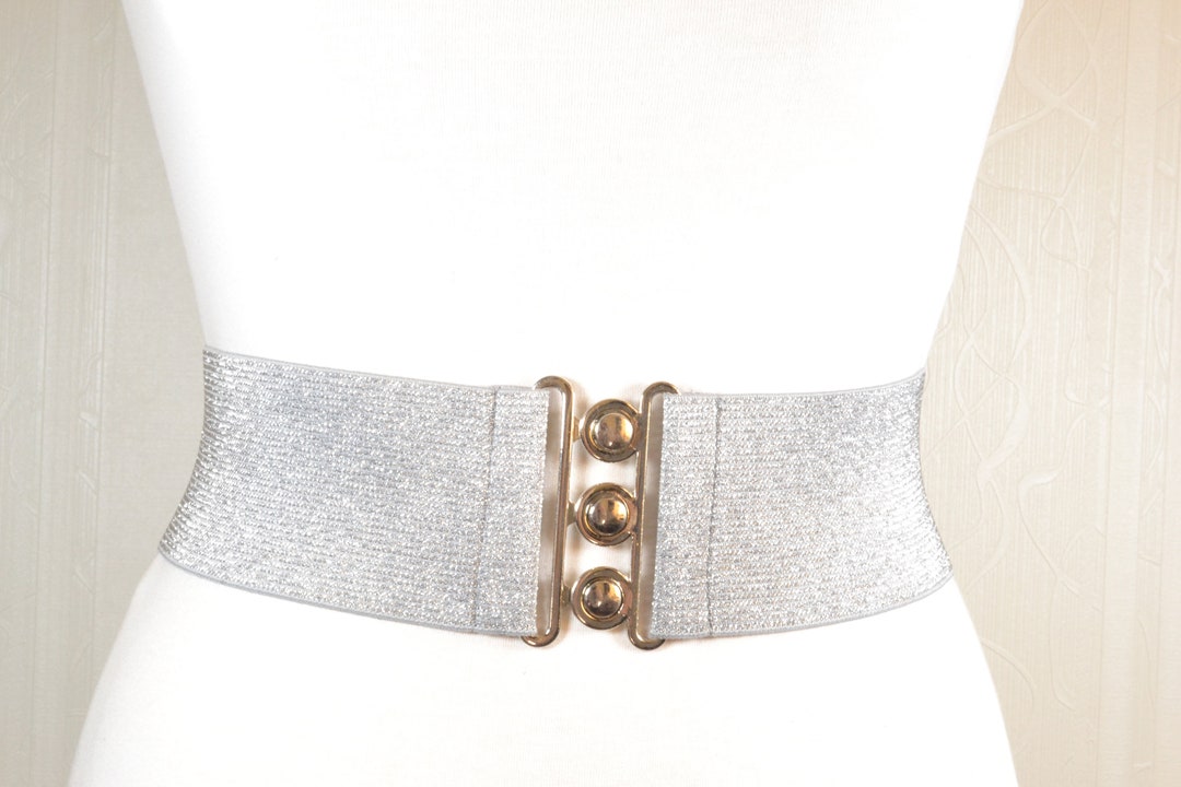 Vintage 80s Silver Metallic Sparkle Elastic Cinch Belt, Wide Shimmering ...