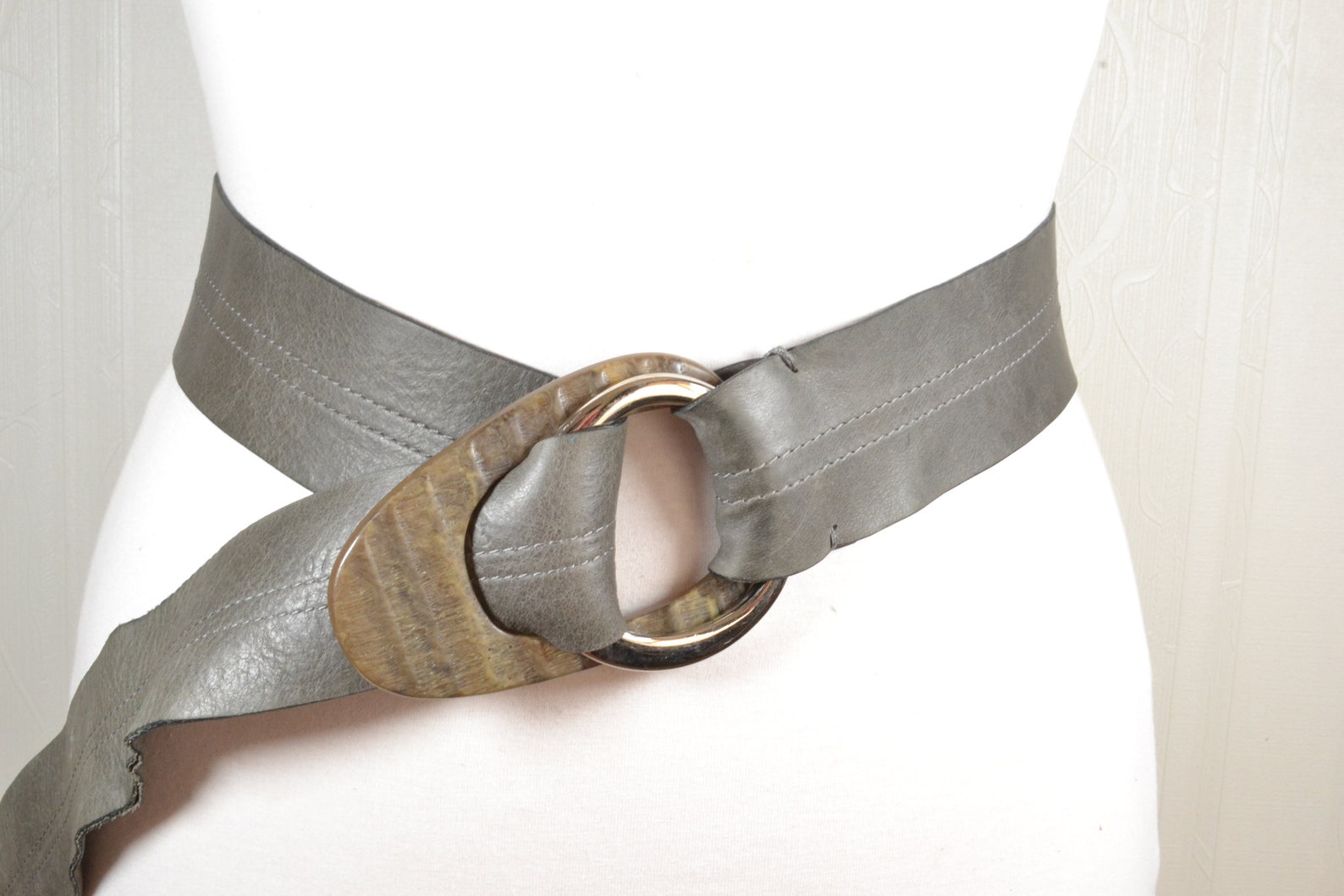 Gray Double Ring Belt, Unique Big Buckle, Gray Asymmetrical Leather ...