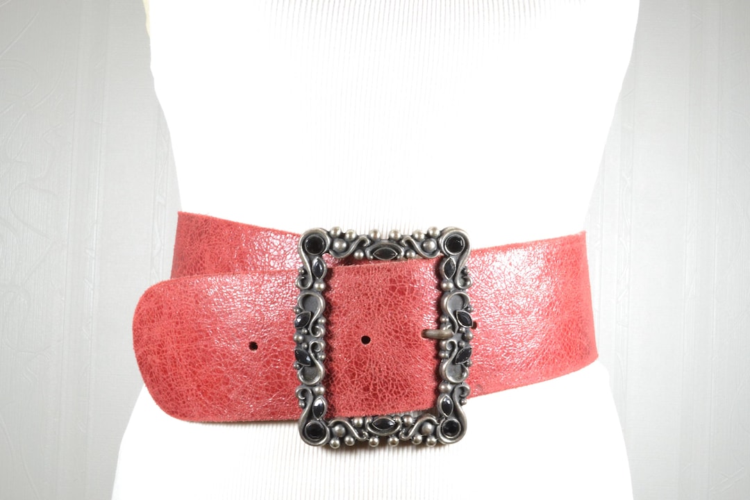 Wide Red Leather Belt With Big Rectangular Buckle, Larp Belt, Red ...