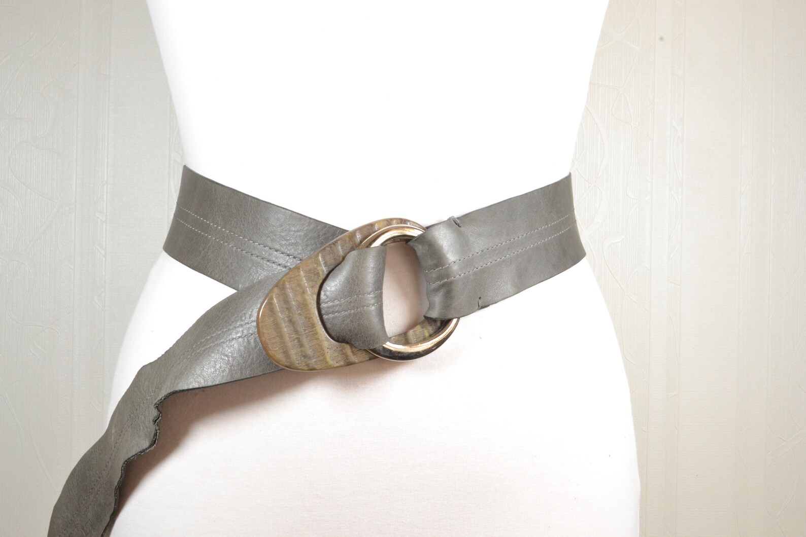 Gray Double Ring Belt, Unique Big Buckle, Gray Asymmetrical Leather ...