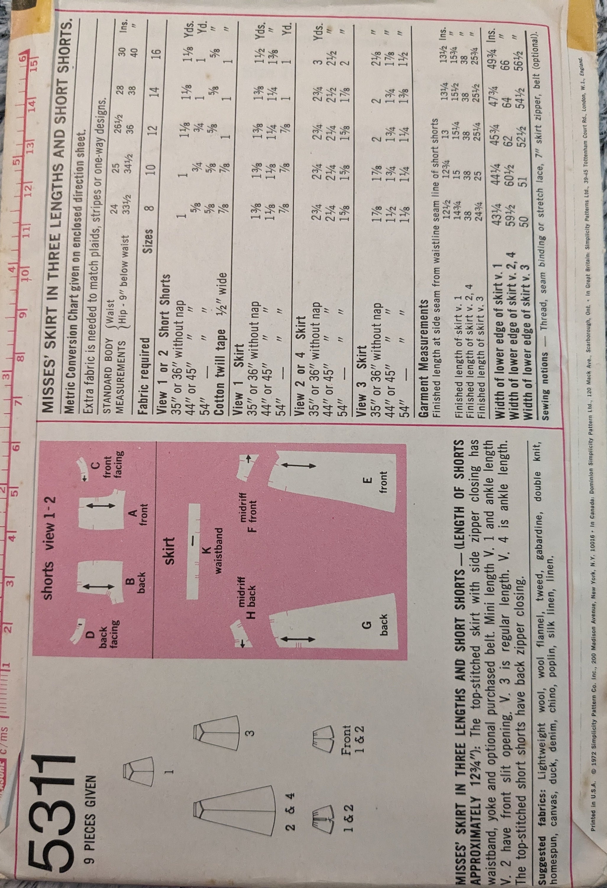Sz 16 Uncut Vintage Sewing Pattern Simplicity 5311 Skirt & Short Shorts ...