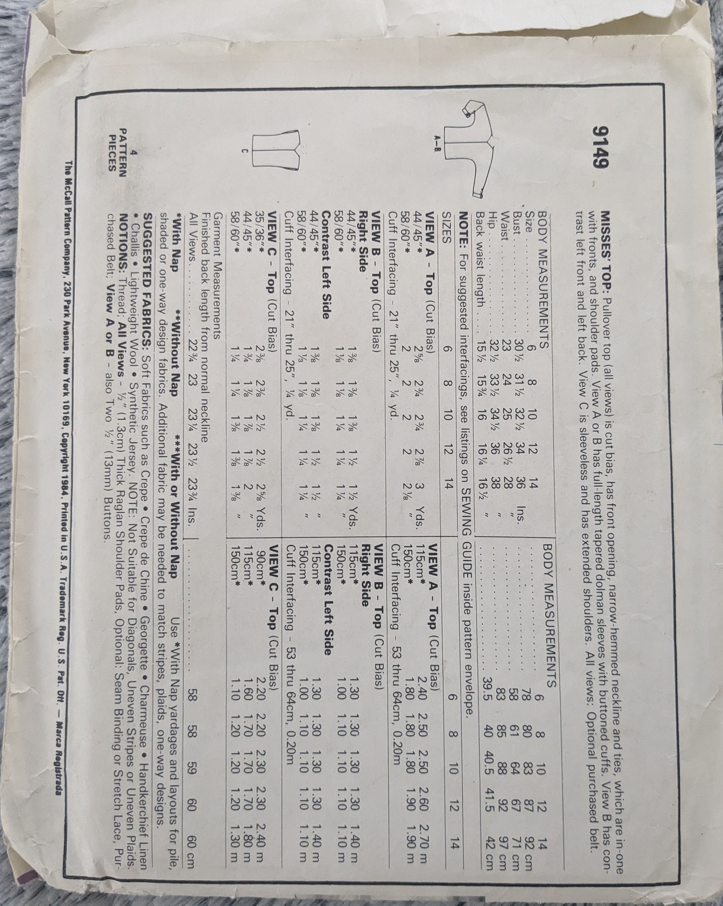 Ships Free Uncut Vintage Sewing Pattern Mccall 9149 1984 Pull Over Top ...