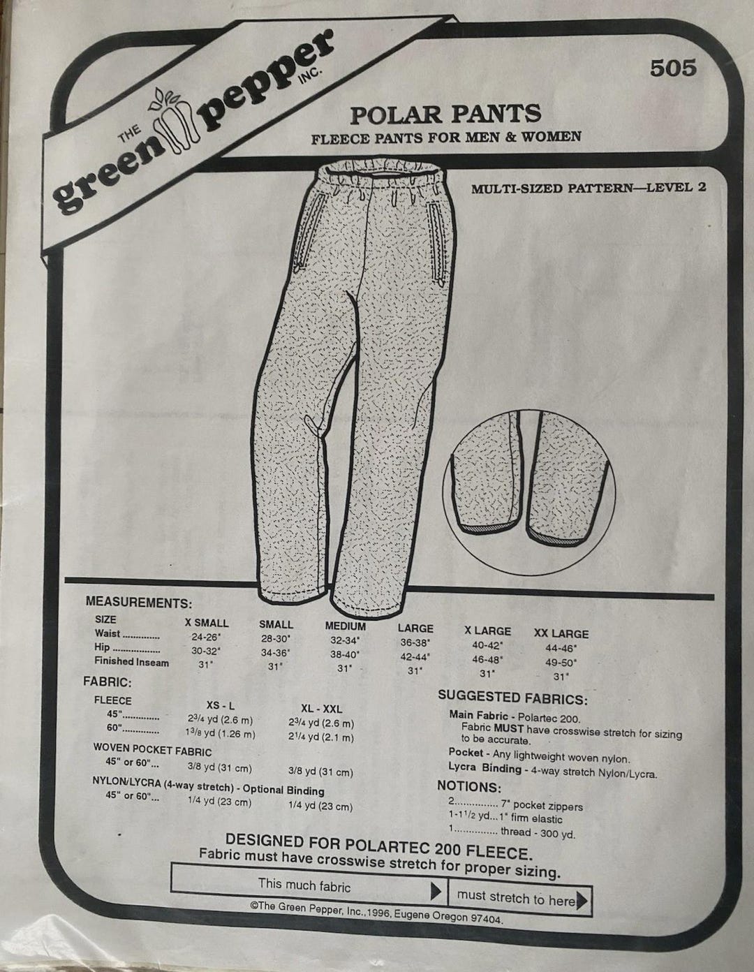 XS- XL UNCUT Vintage Sewing Pattern Green Pepper 505 Polar Fleece Pants ...