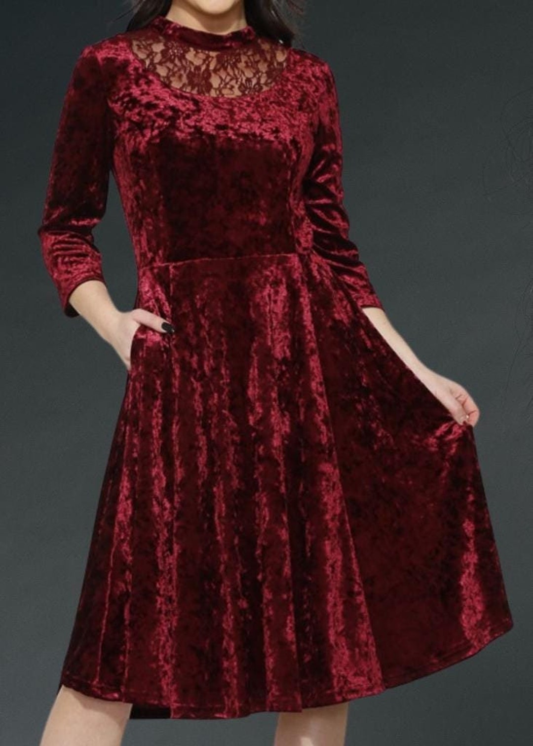 Burgundy Red Velvet Goth Dress - Gothic Dress - Gothic Lace Dress ...