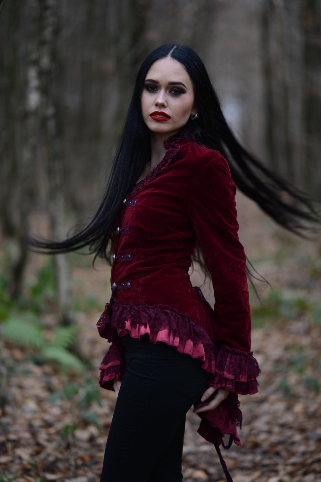 Burgundy Velvet Steampunk Tail Jacket With Back Lacing - Velvet ...