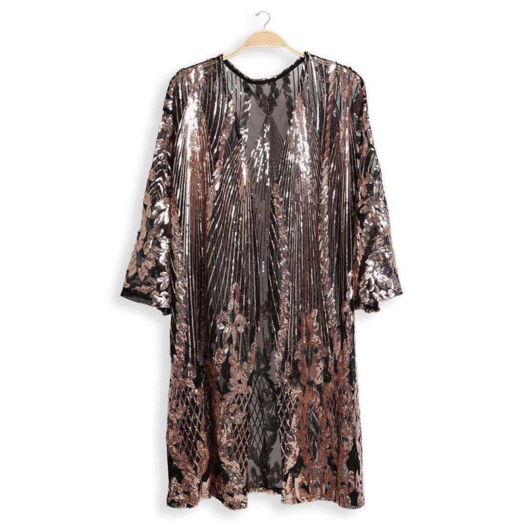 Black Sequin Kimono - Beige Sequin Duster - 70s Sequin Open Front ...