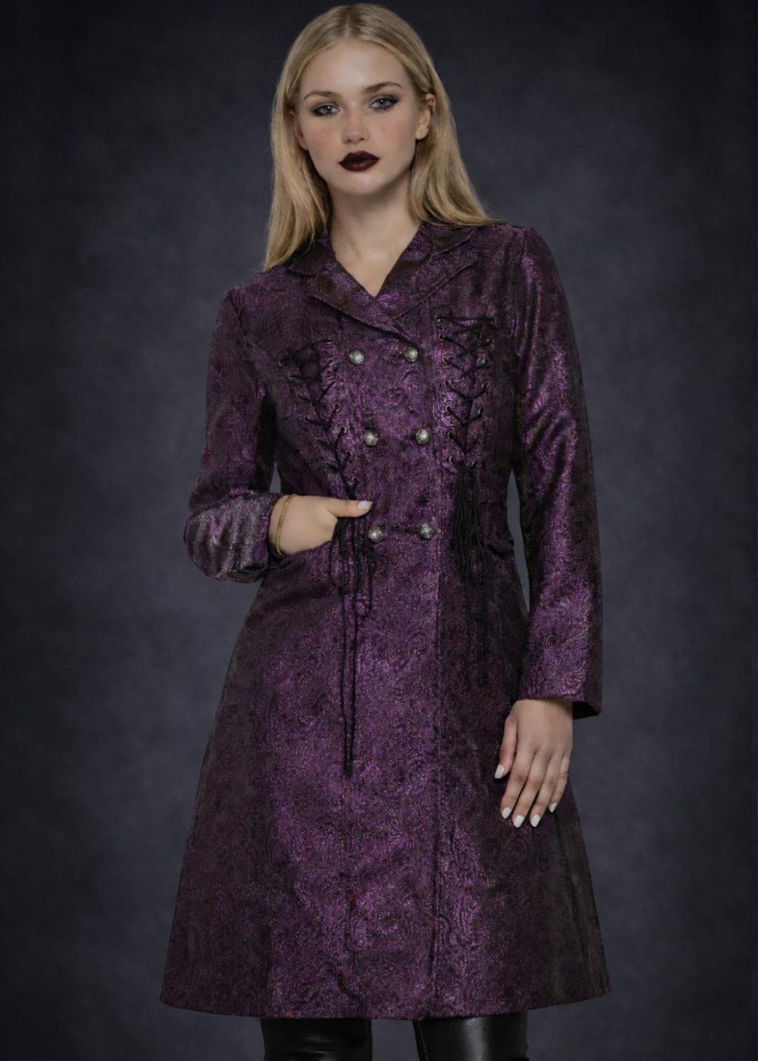Gothic Purple Paisley Women’s Coat With Lacing – Victorian Steampunk ...