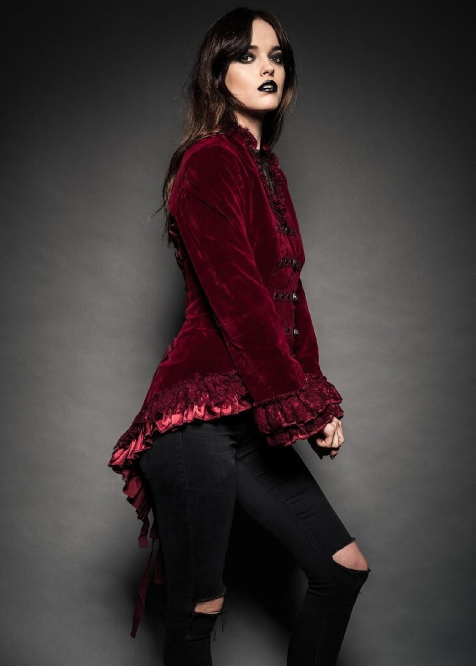 Burgundy Velvet Steampunk Tail Jacket With Back Lacing - Velvet ...