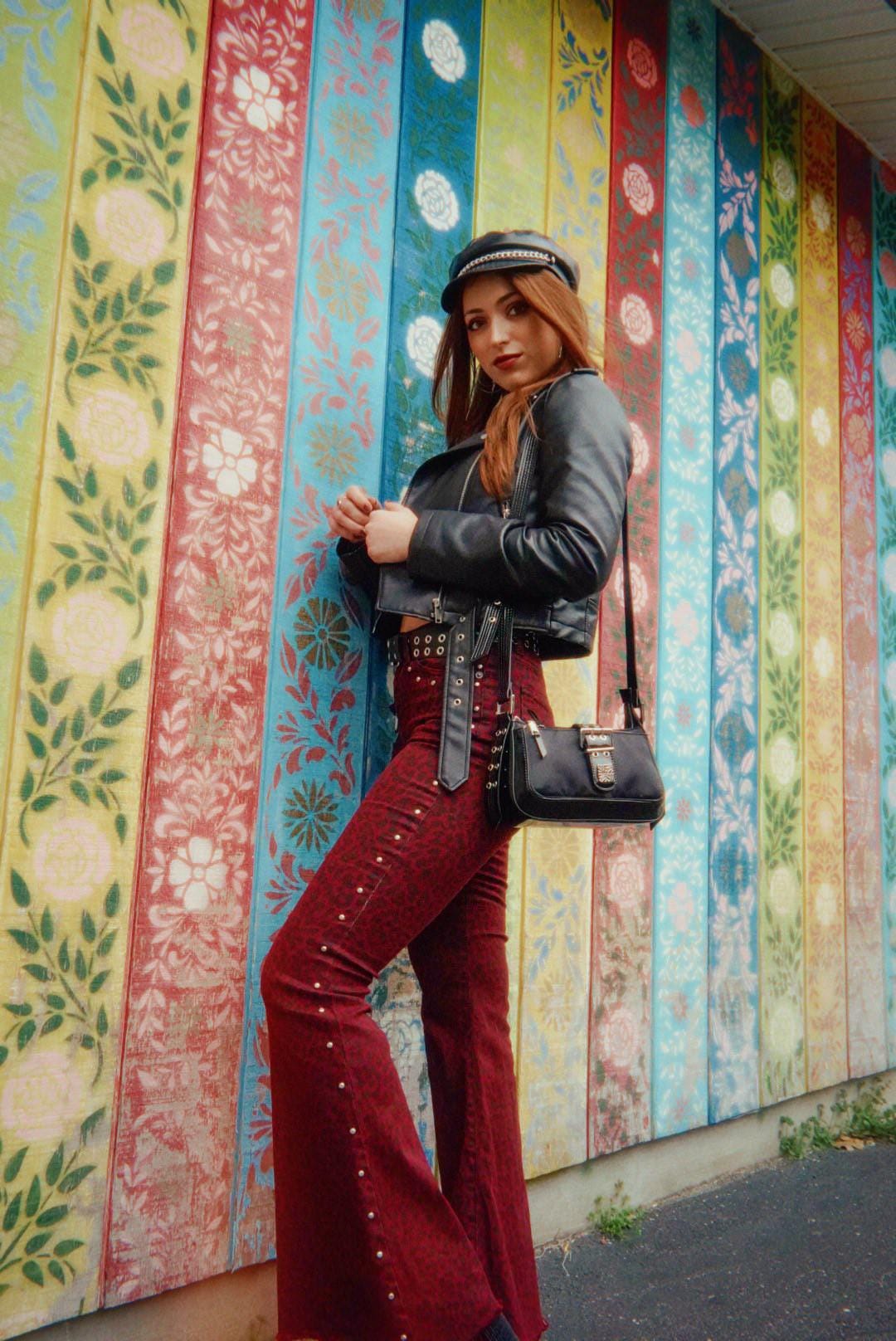 Studded Red Leopard Print Bell Bottoms - Animal Print Flare Pants ...