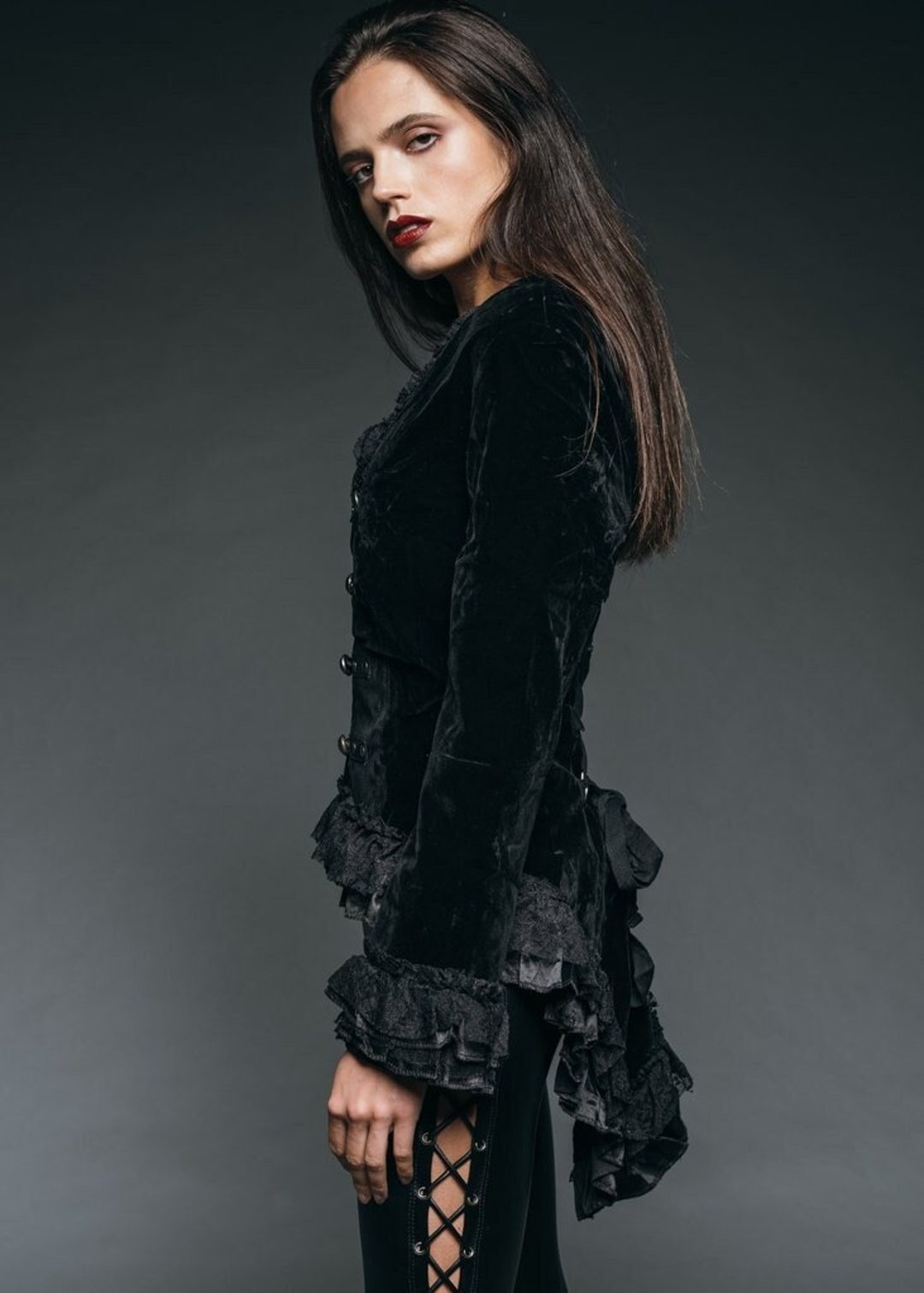Black Velvet Steampunk Tail Jacket With Back Lacing Velvet Tailcoat ...