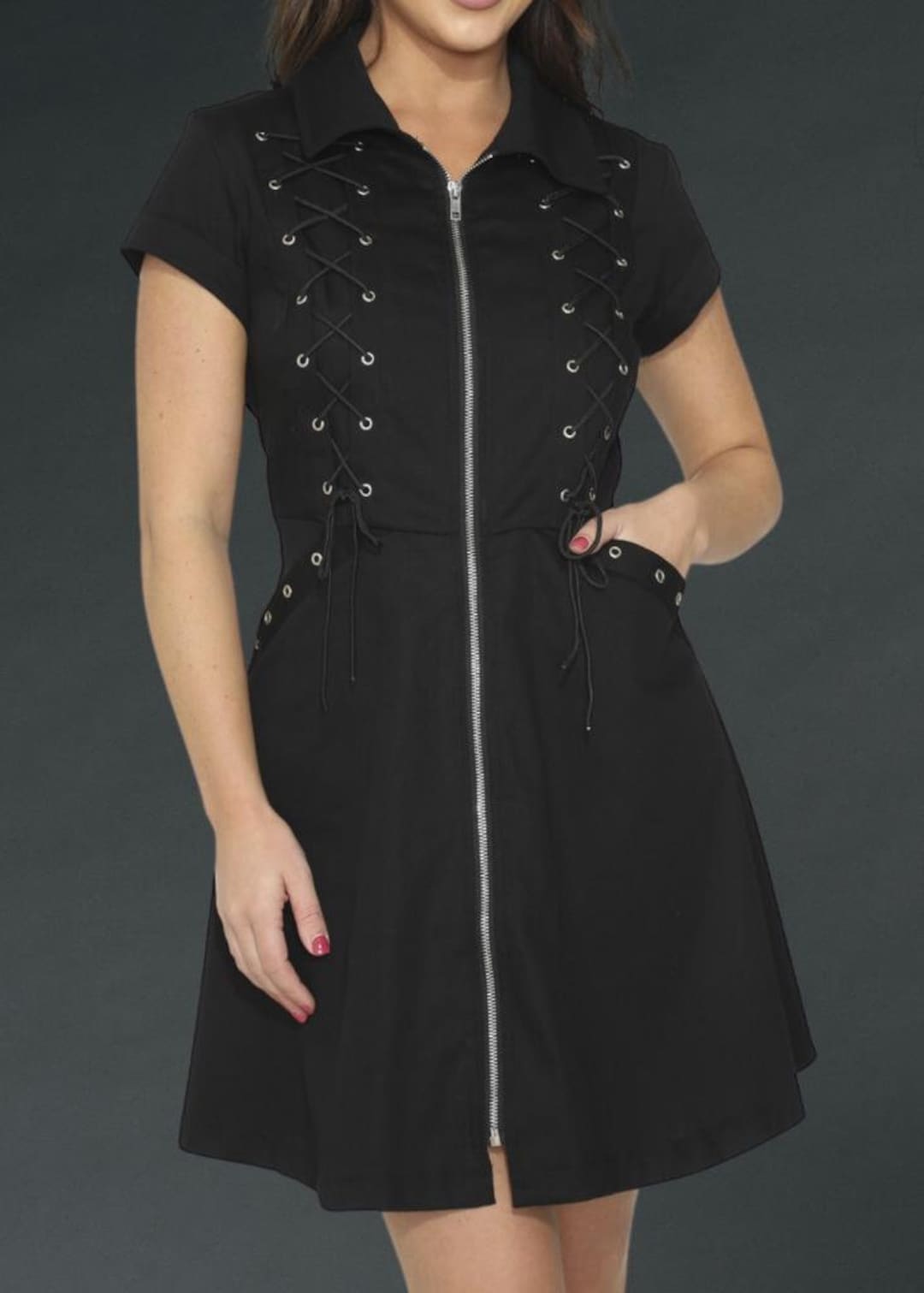 Goth Mini Dress With Pockets - Gothic Dress - Lace up Dress - Punk ...