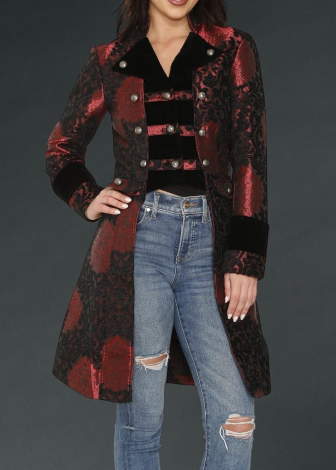 Red Gothic Coat - Red Victorian Coat - Brocade Steampunk Coat - Pirate ...