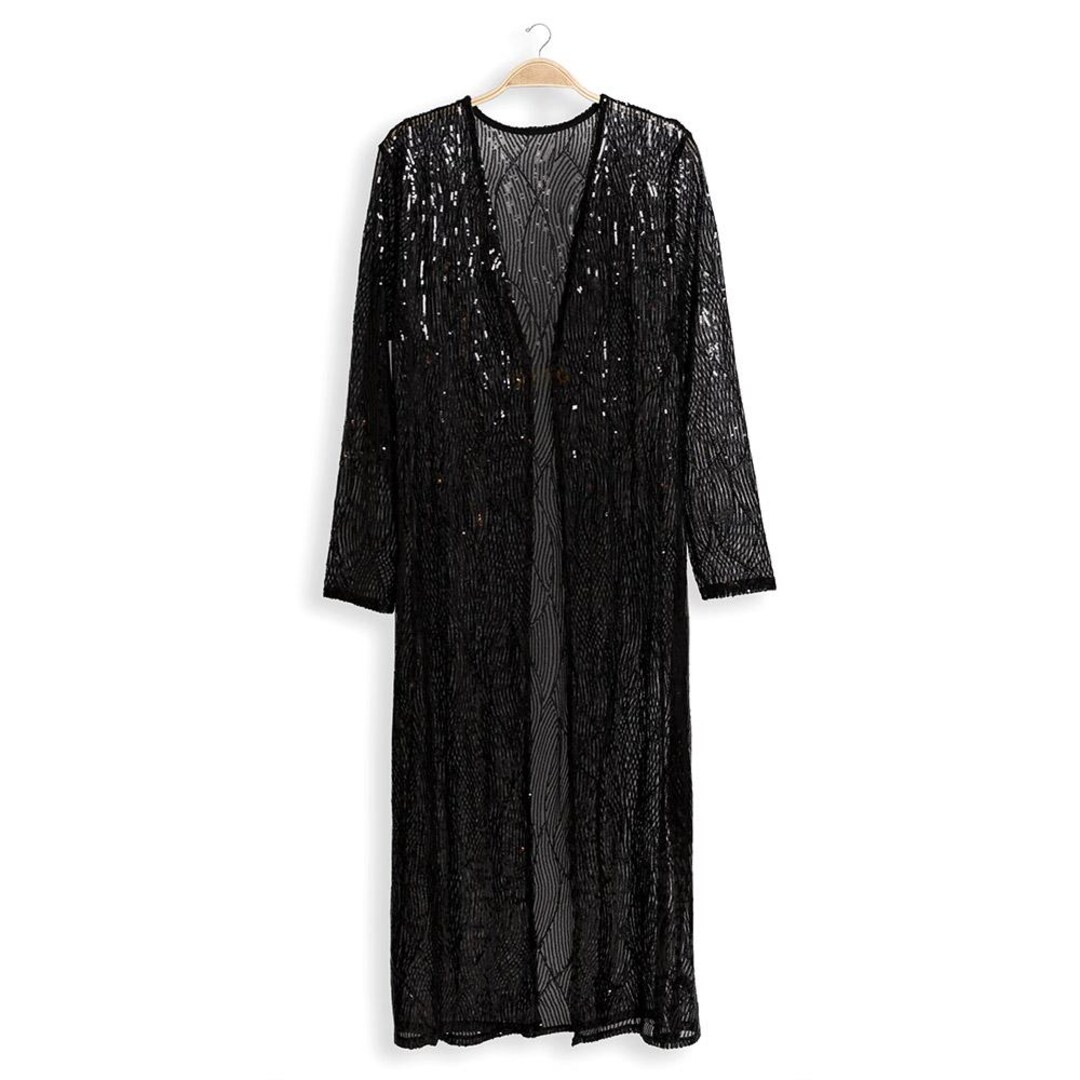 Black Sequin Kimono - Black Sequin Duster - 70s Sequin Open Front ...
