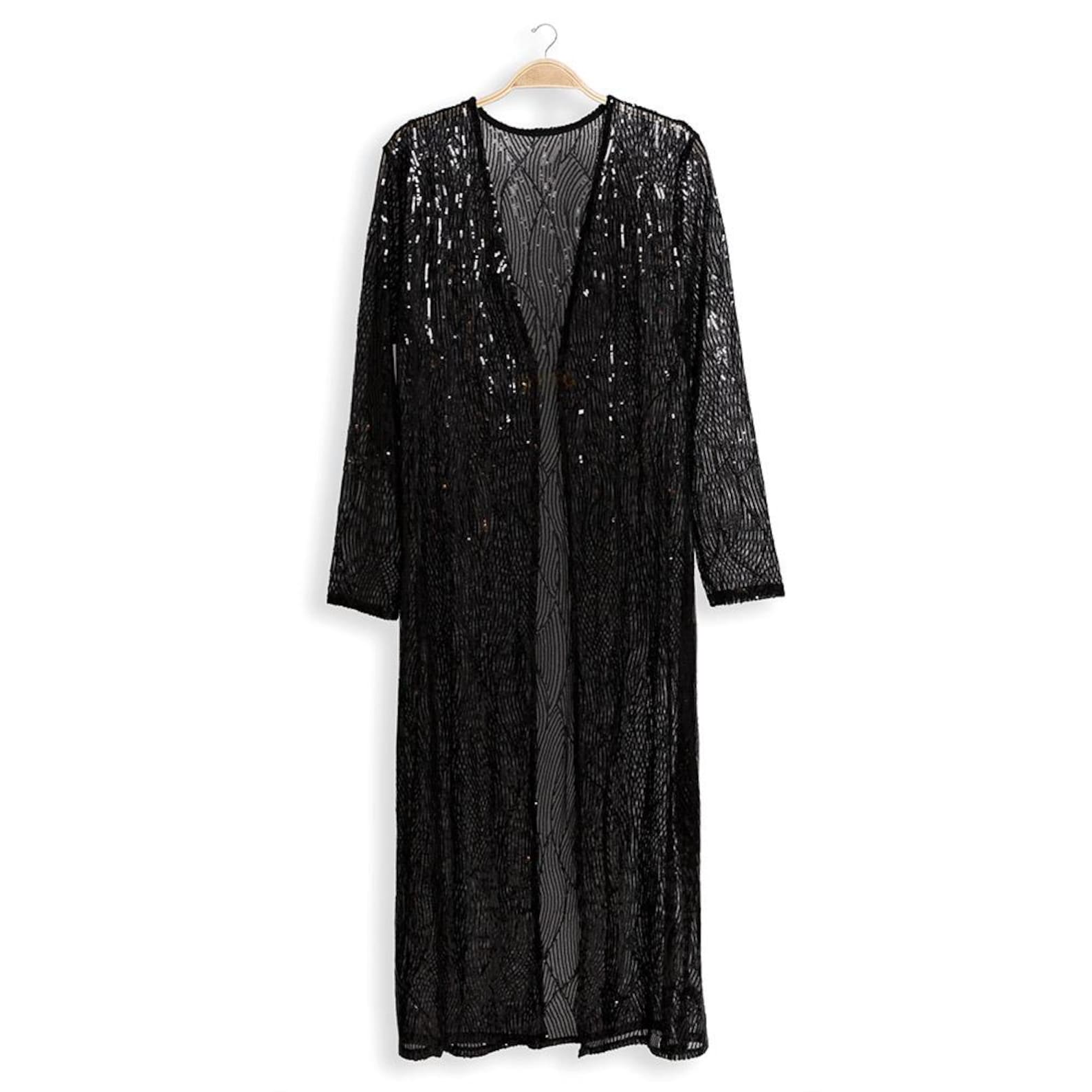 Black Sequin Kimono - Black Sequin Duster - 70s Sequin Open Front ...
