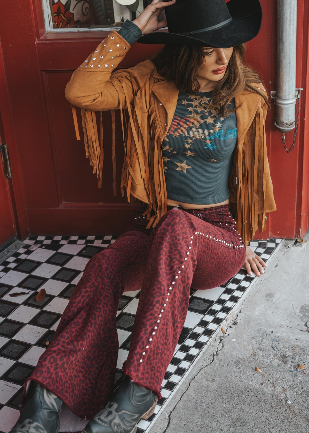 Studded Red Leopard Print Bell Bottoms - Animal Print Flare Pants ...