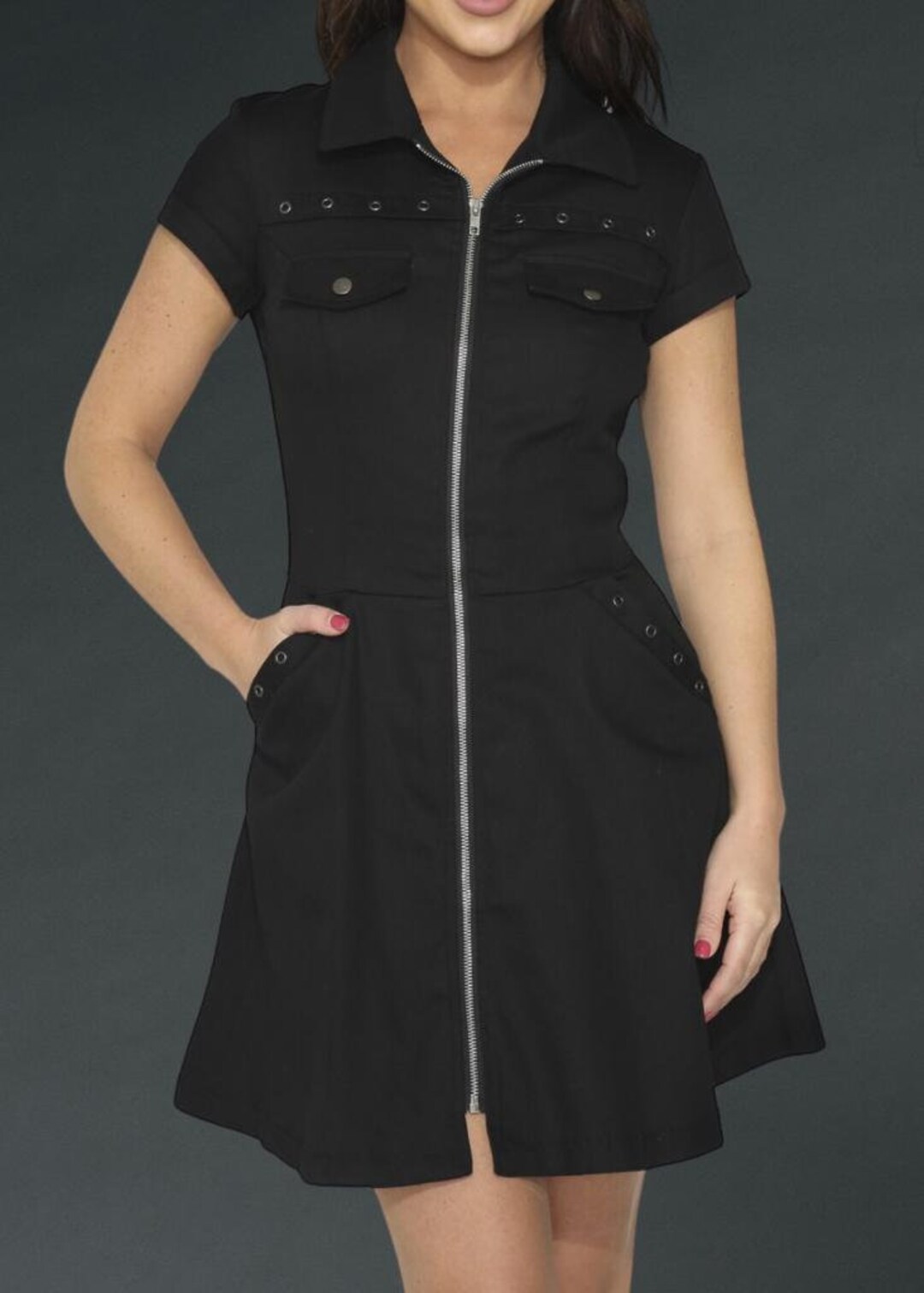 Black Gothic Mini Dress With Front Zipper - Gothic Dress With Pockets ...