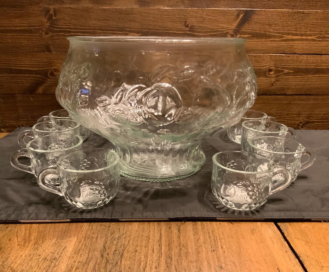 Punch Bowl and Cups by Jeannette Glass, Fruit Pattern, Sold as a Set ...