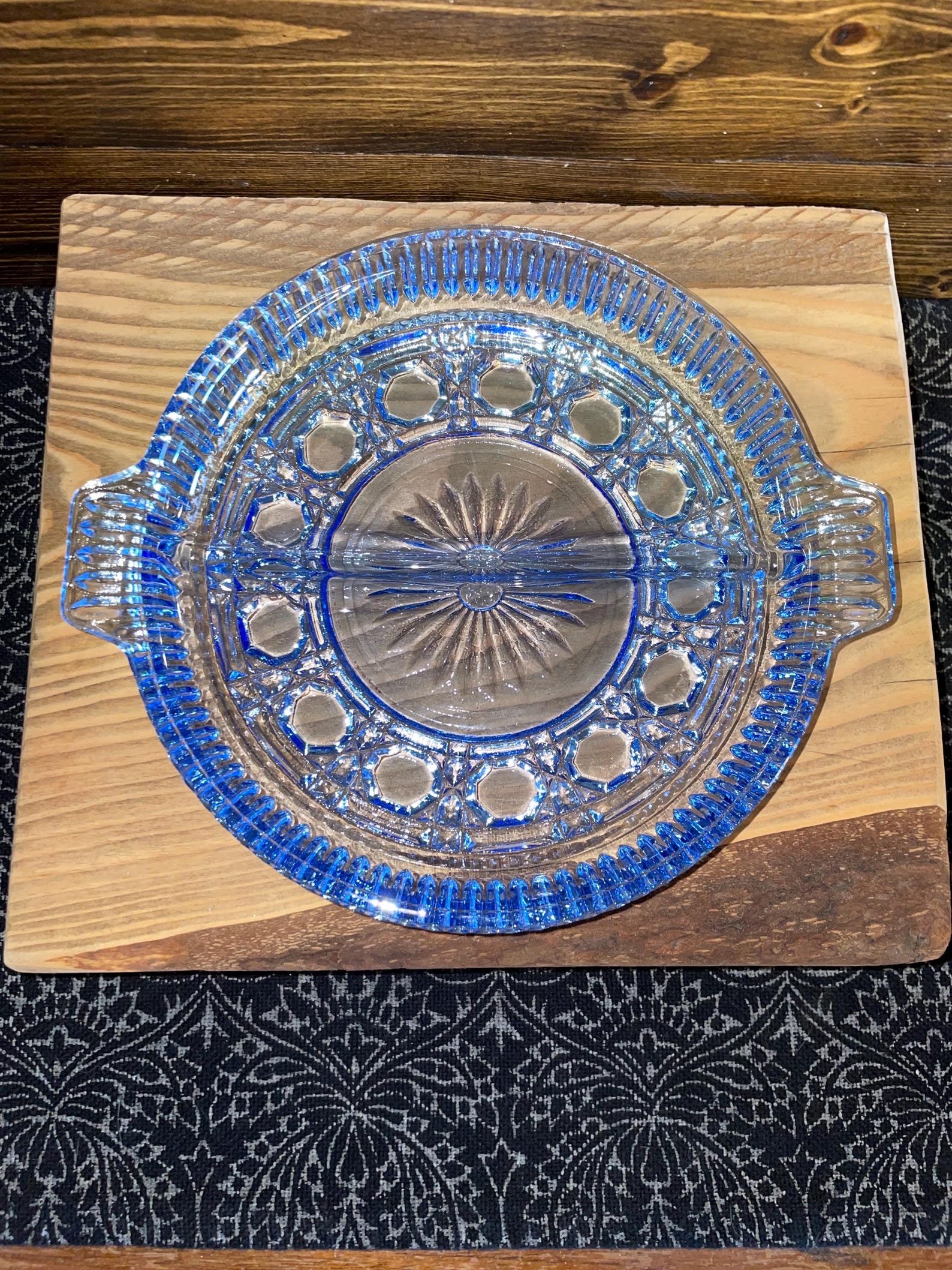 Vintage Indiana Glass Blue Windsor Cane and Button Pattern Divided Dish ...