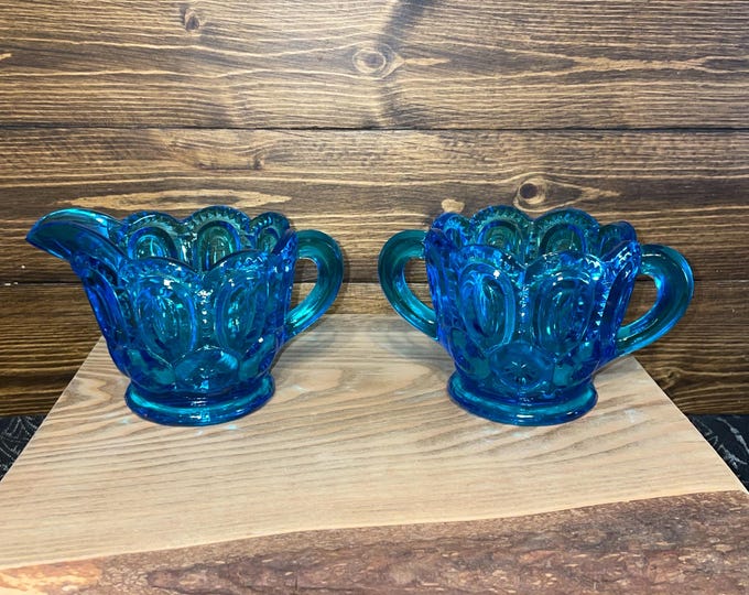 LE Smith Moon and Stars Blue Glass Cream Pitcher and Sugar Bowl Set ...