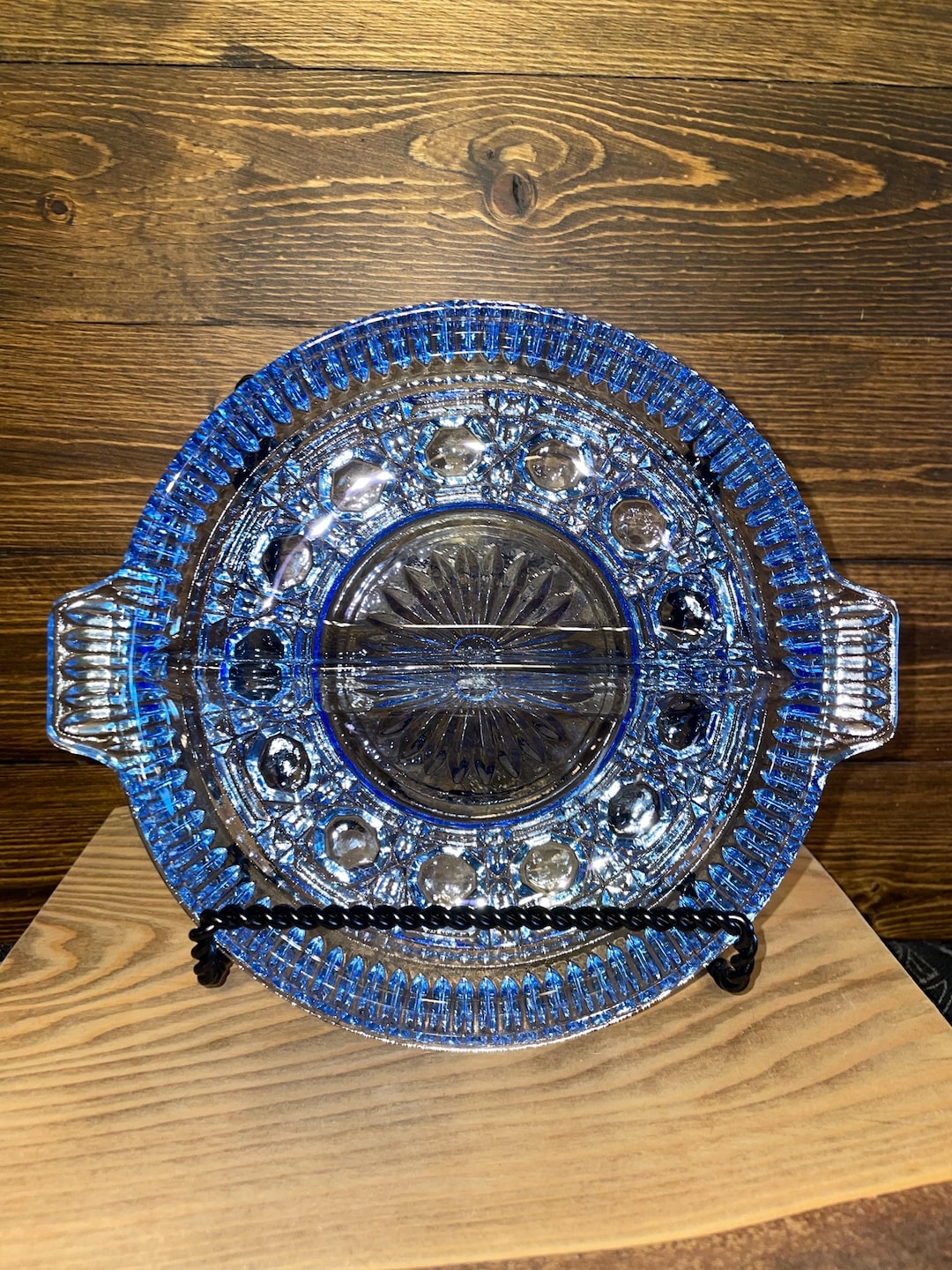 Vintage Indiana Glass Blue Windsor Cane and Button Pattern Divided Dish ...