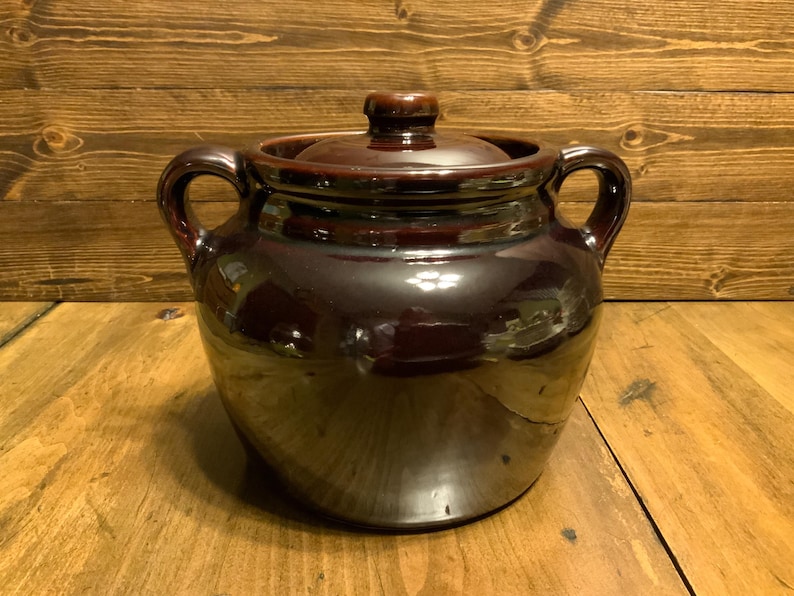 Vintage Brown Stoneware Bean Pot USA- Small Chip in Cover - Etsy