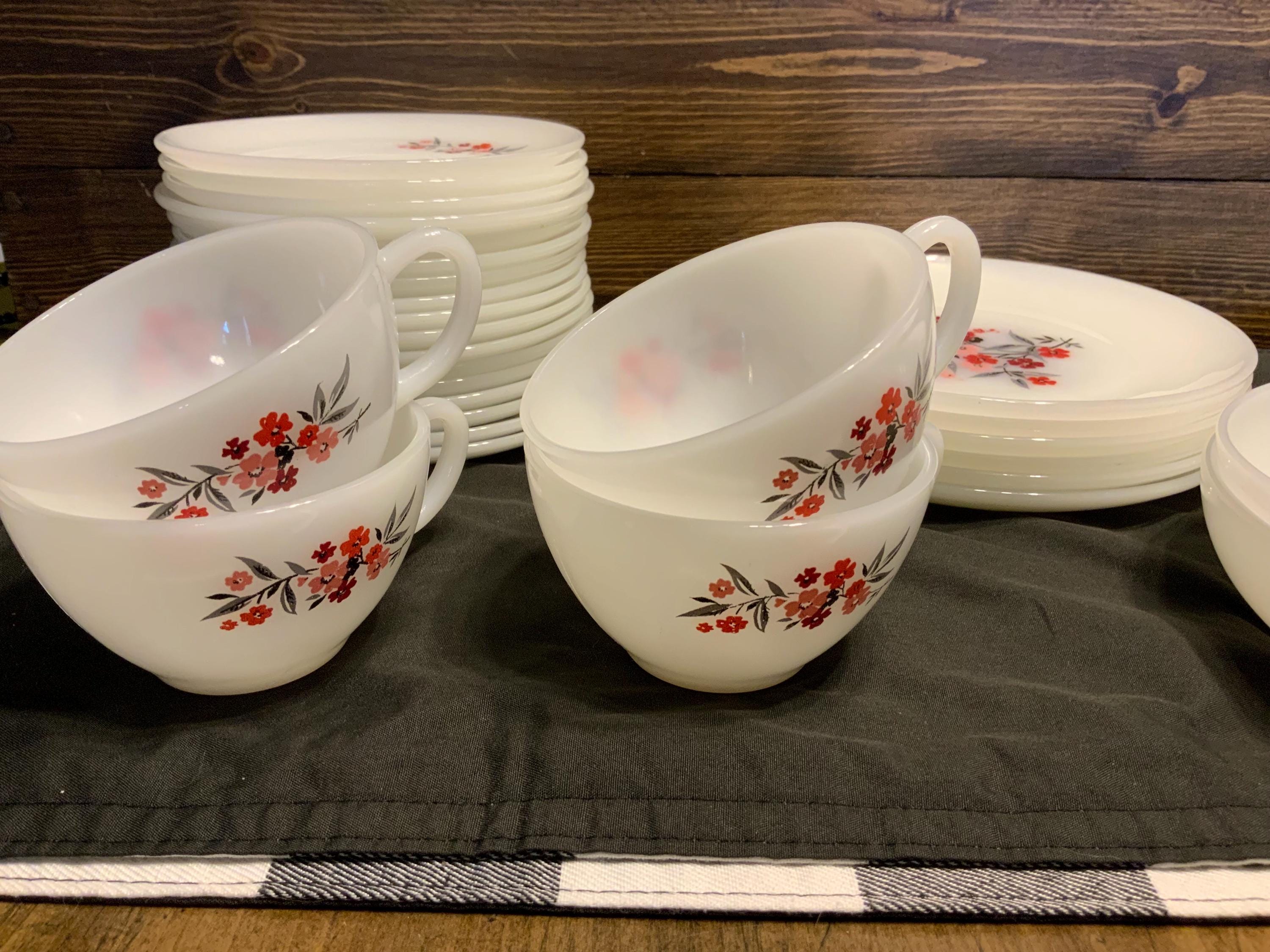 Primrose Anchor Hocking Fire King Milk Glass Tea Cups, Saucers, Dessert ...