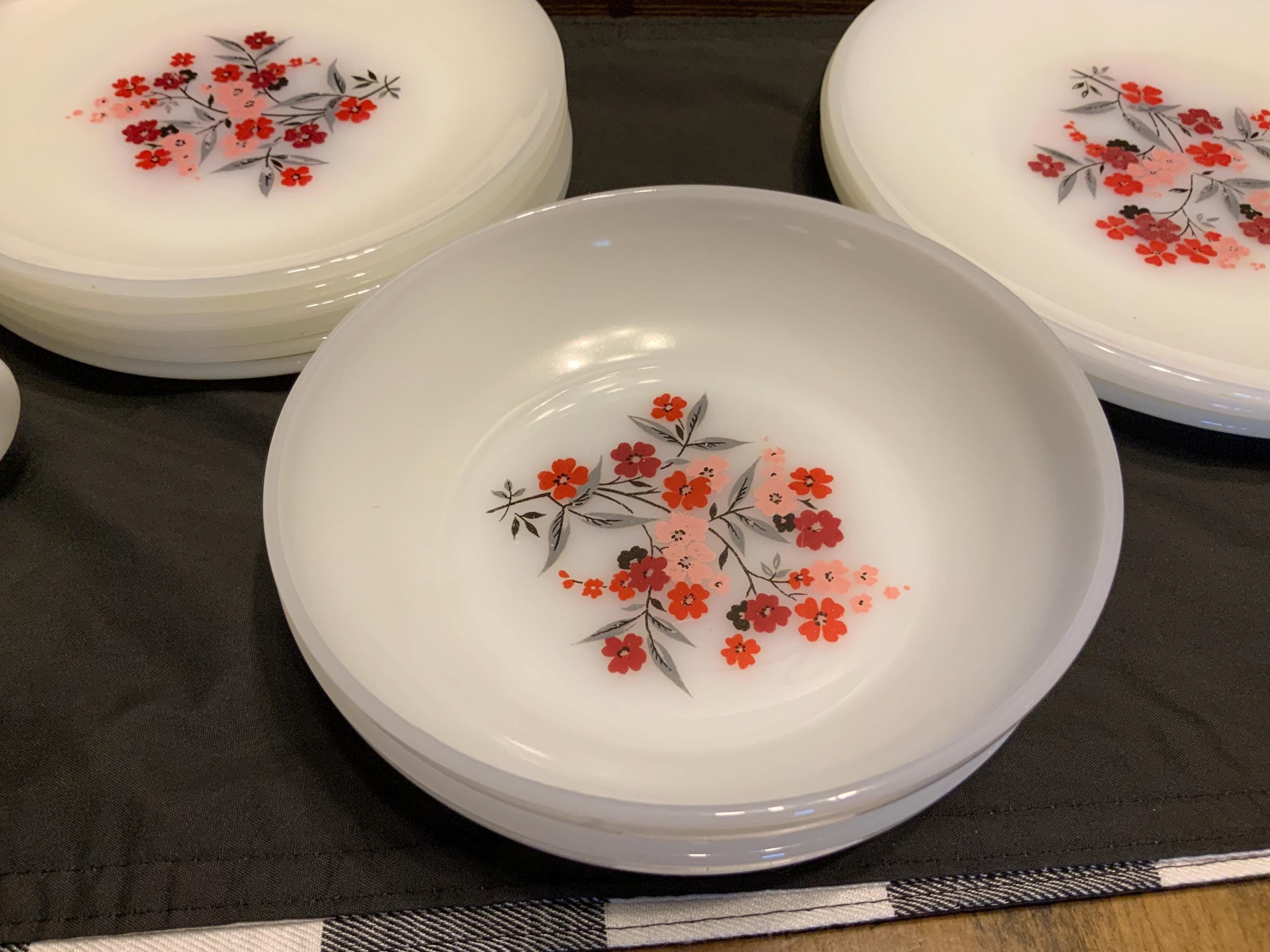 Primrose Anchor Hocking Fire King Milk Glass Tea Cups, Saucers, Dessert ...