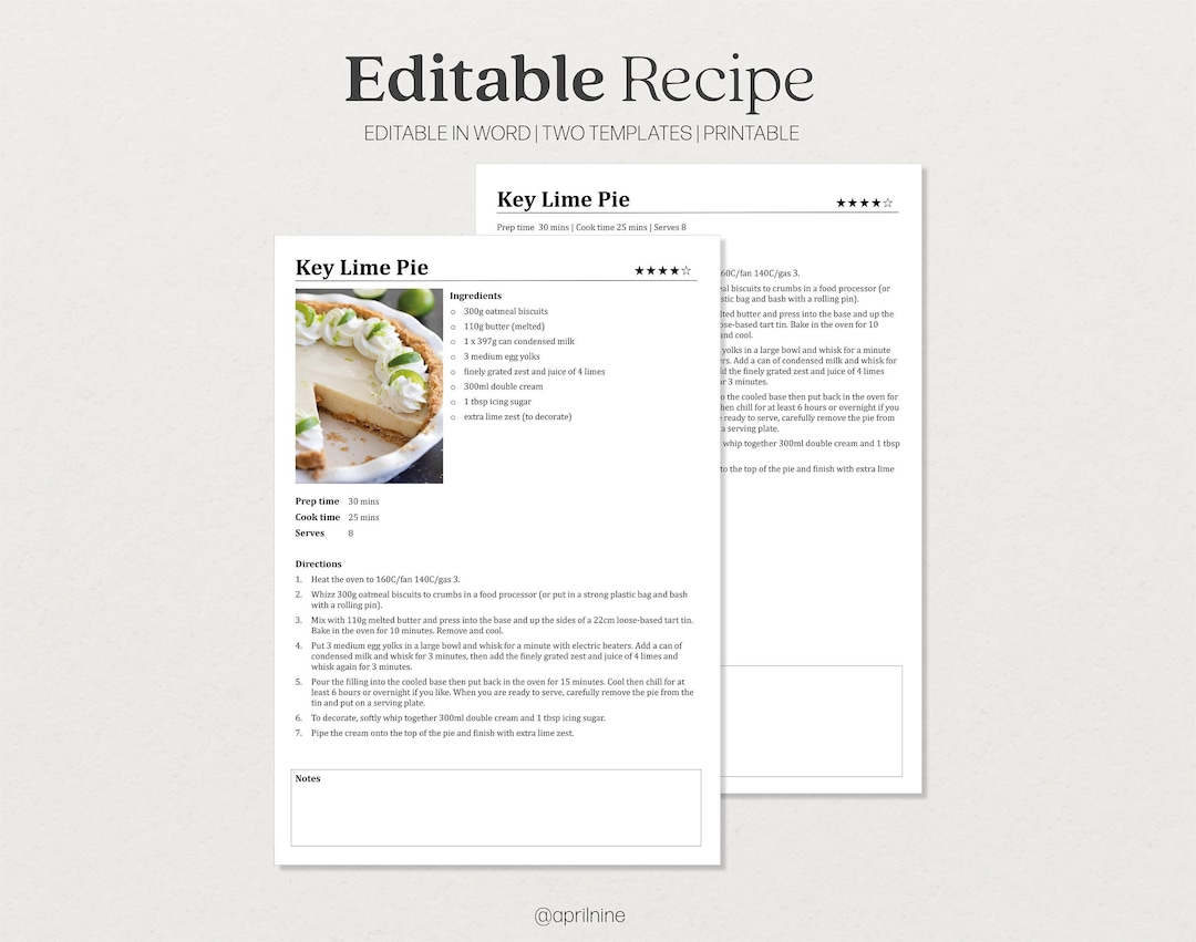 Recipe Pages Template Editable in Word, Google Documents & Apple Pages ...