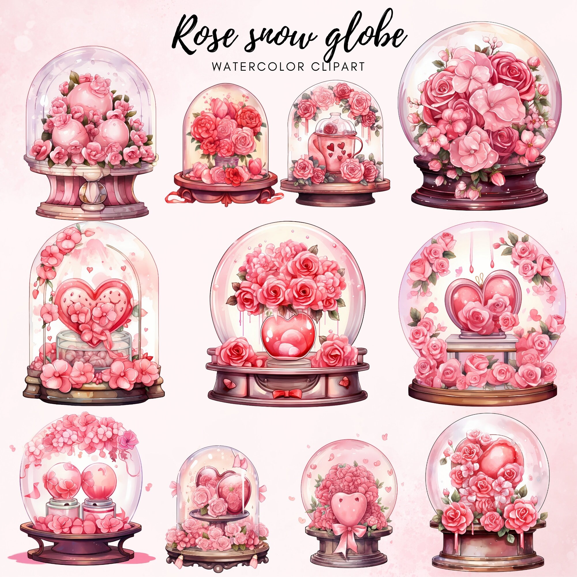 Rose Snow Globe Clipart, Watercolor Valentine Clipart, PNG Format ...