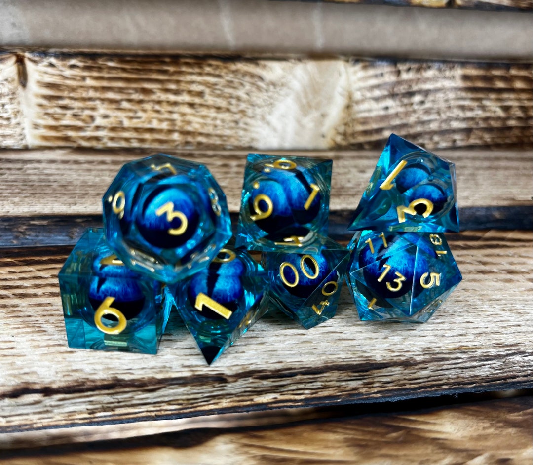 Blue /teal Dragon Eye Liquid Core. Sharp Edge. DND Dice Gift Set ...