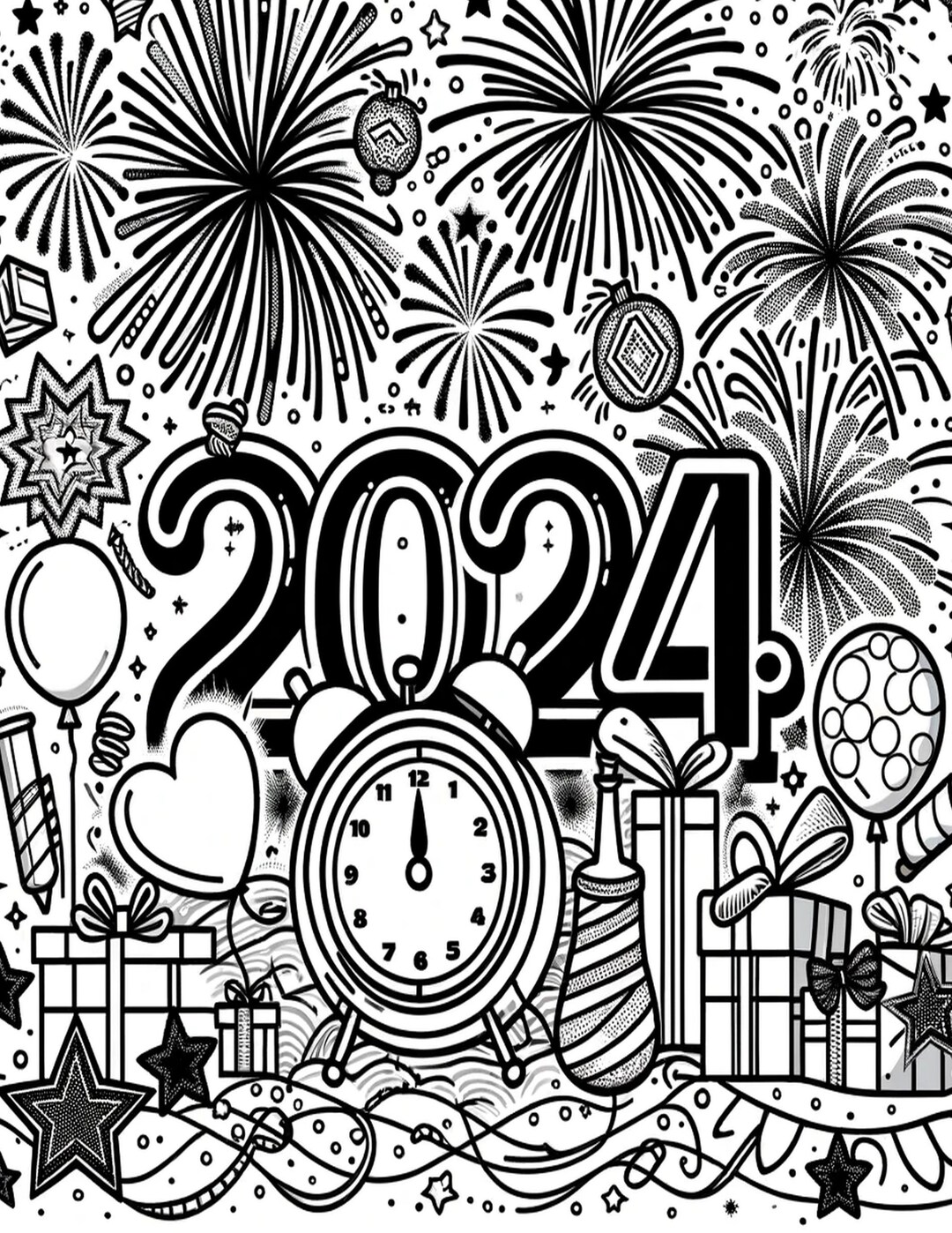 2024 New Years - Kids Coloring Page - Single Page - Printable 8.5 X 11 ...