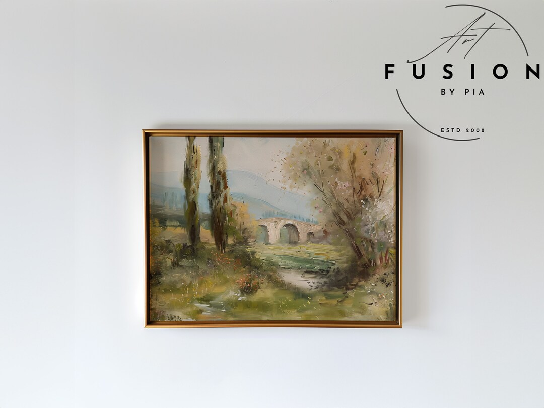 Vintage Tuscan Fields Oil Painting, Spring Atmospheric Landscape With ...