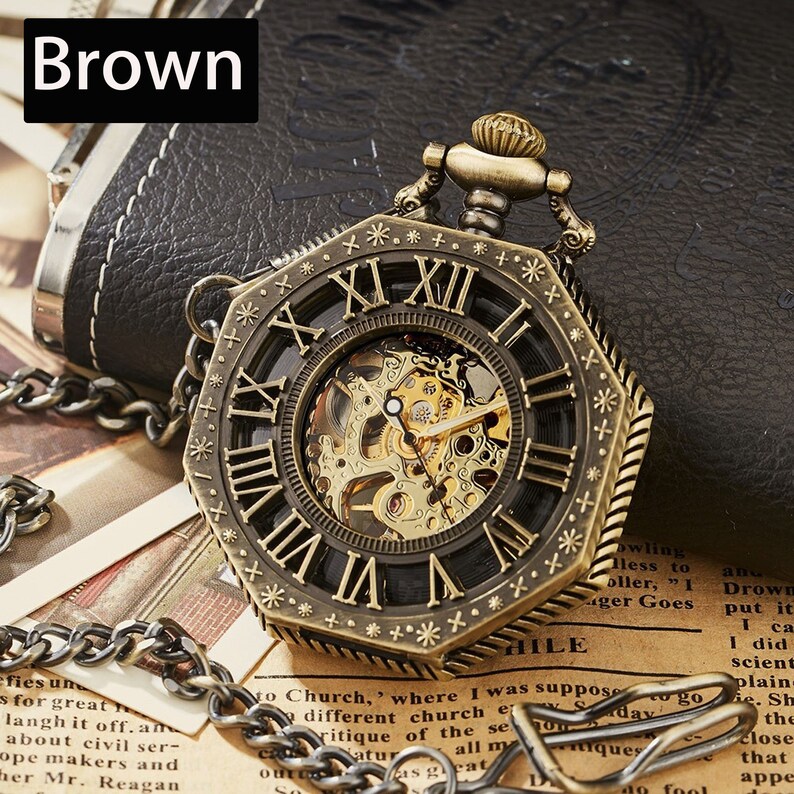 Vintage Retro Skeleton Pocket Watch, Engraved Octagonal Mechanical ...