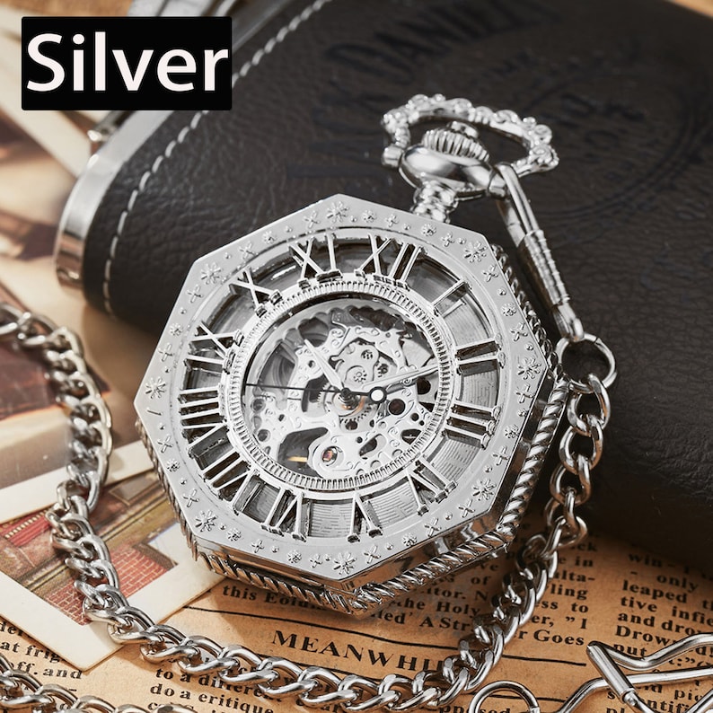 Vintage Retro Skeleton Pocket Watch, Engraved Octagonal Mechanical ...