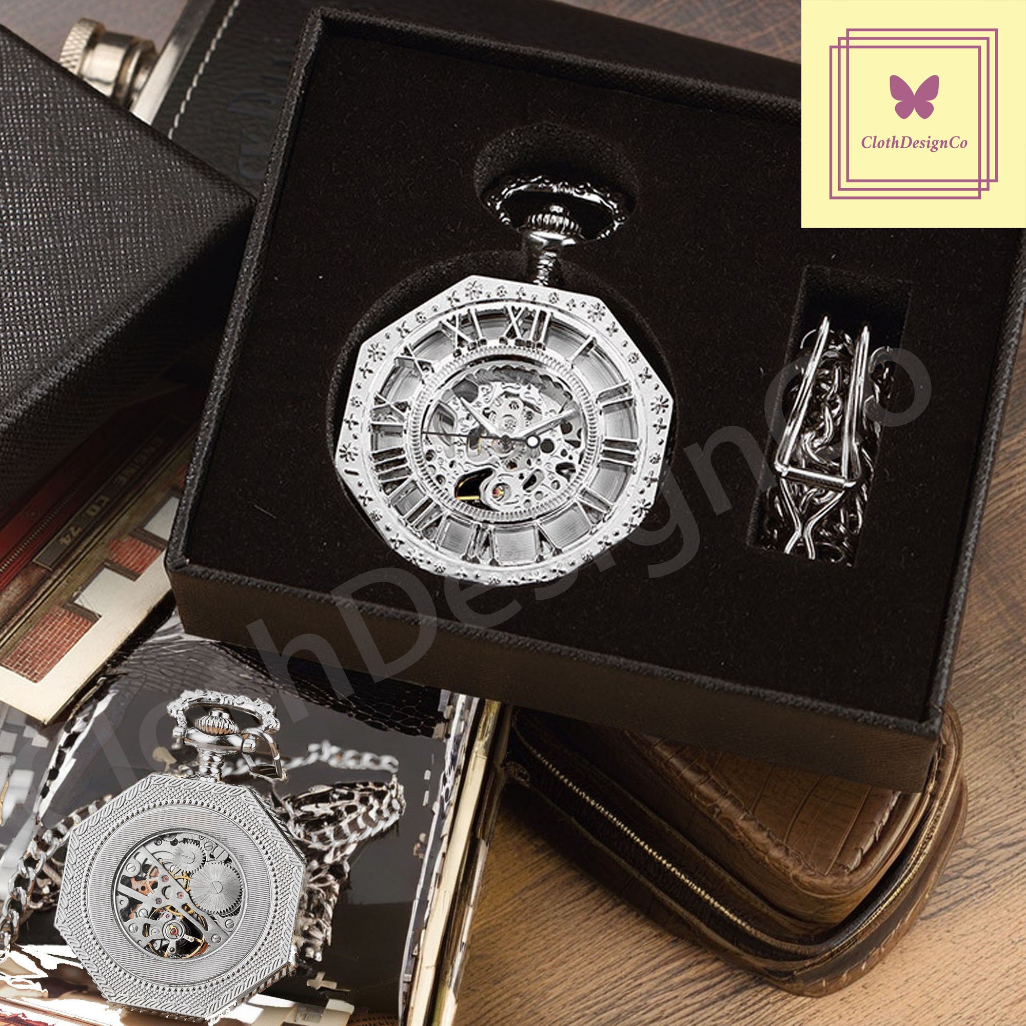 Vintage Retro Skeleton Pocket Watch, Engraved Octagonal Mechanical ...