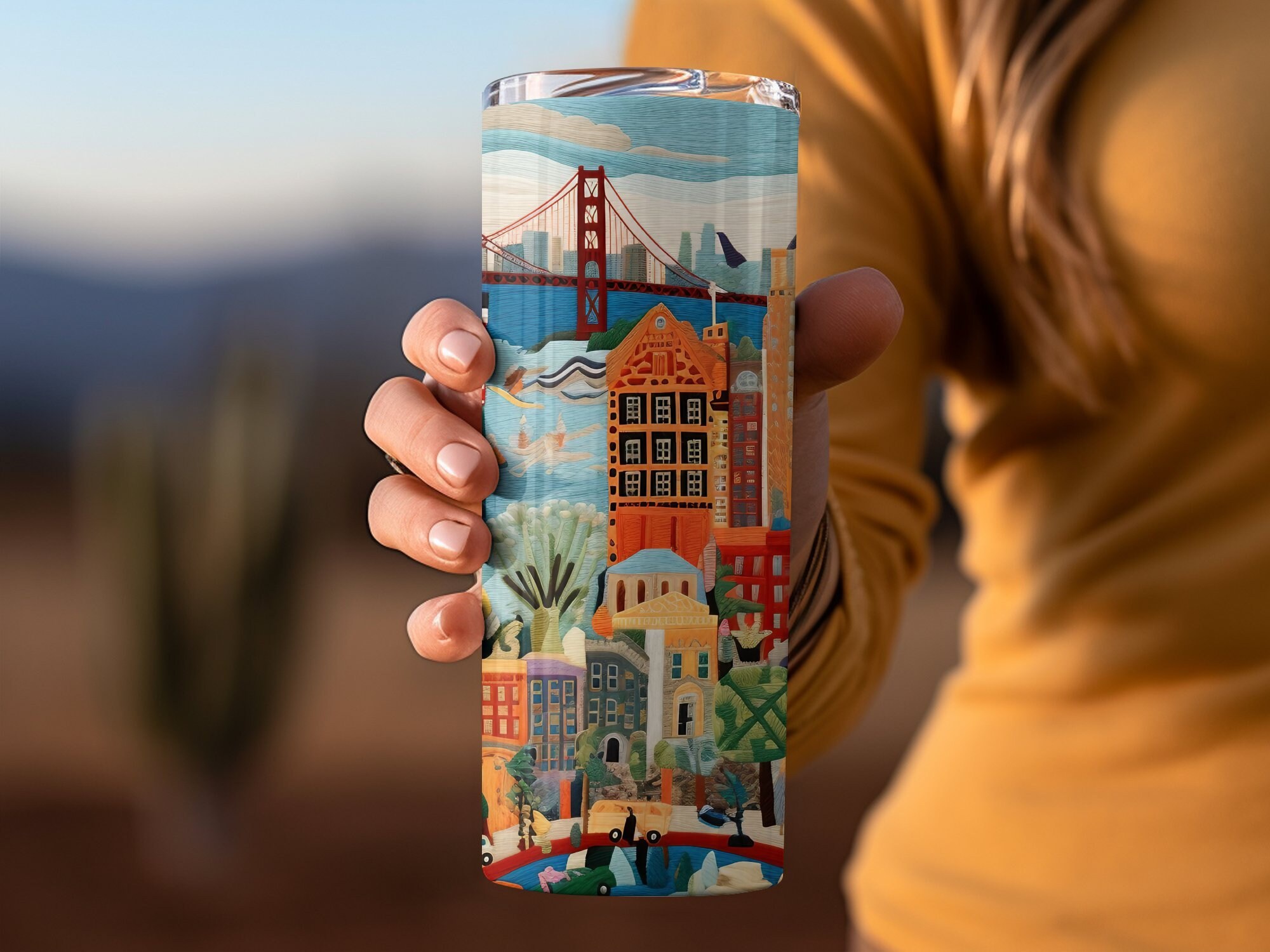 San Francisco Colorful Cityscape Quilt Art Tumbler, Urban Landscape ...