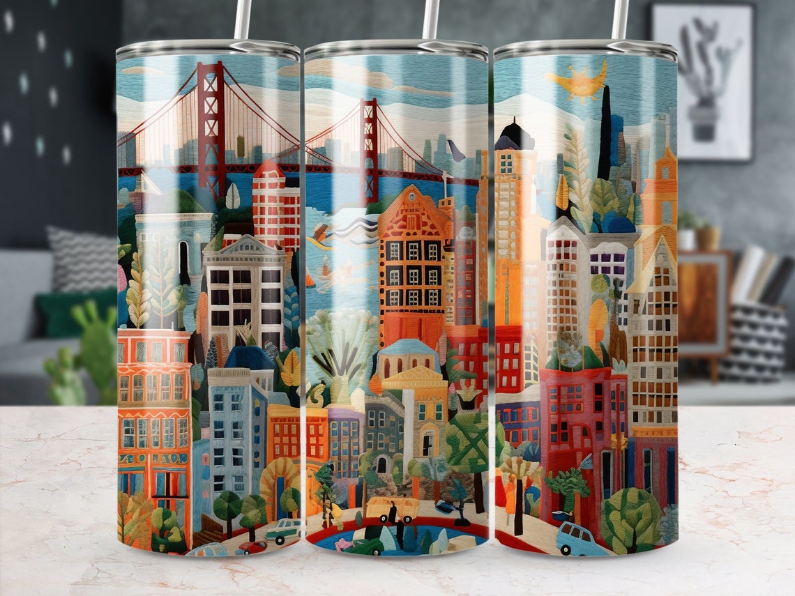 San Francisco Colorful Cityscape Quilt Art Tumbler, Urban Landscape ...