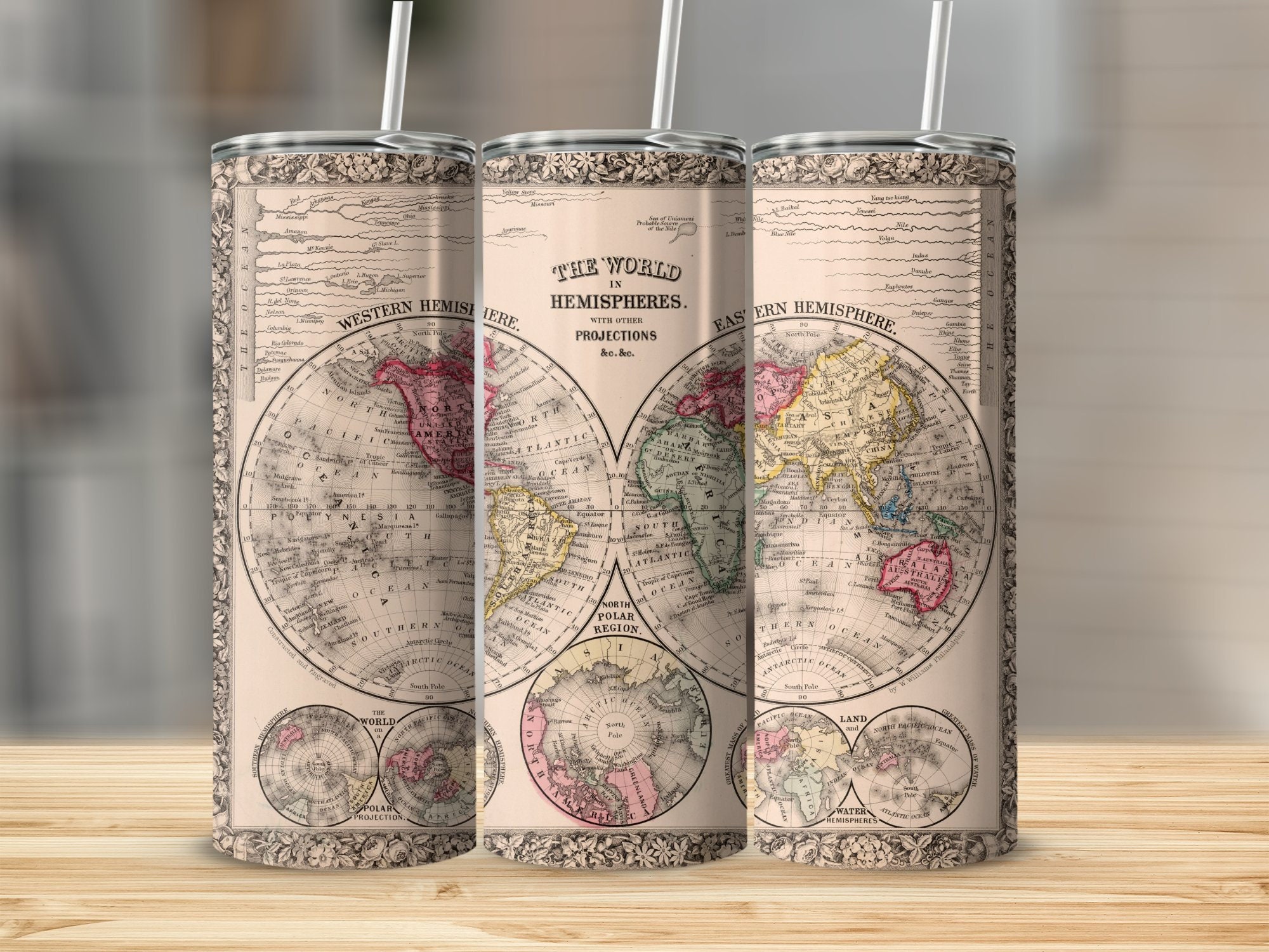 Vintage Map Tumbler, Antique World Map 1863, Travel Cup, Insulated Coffee Mug, Old Cartographic ...