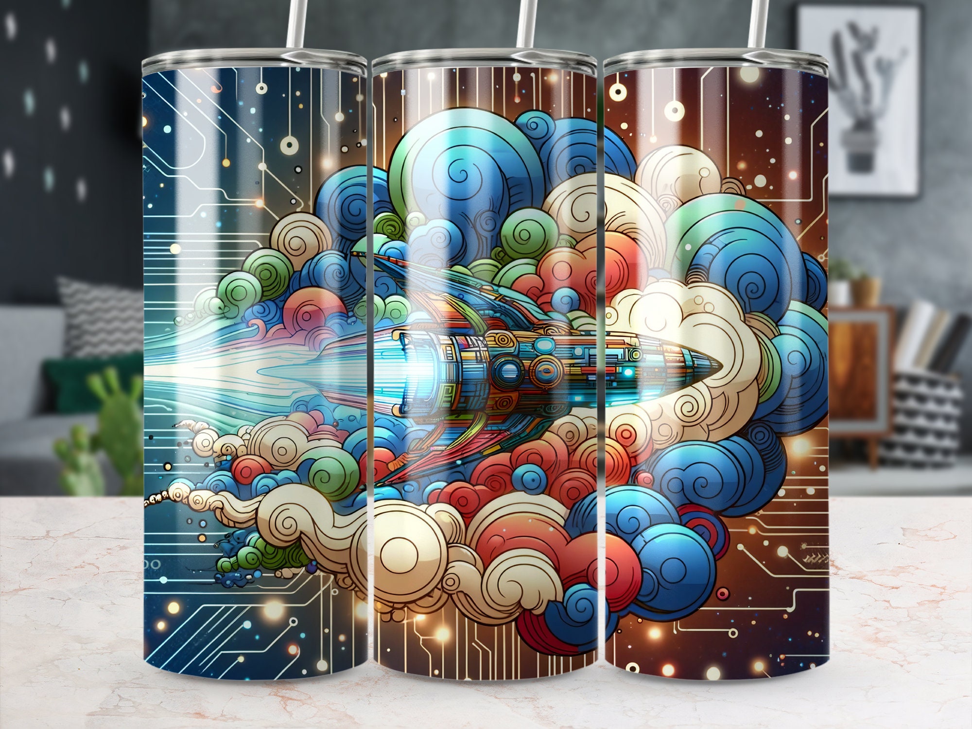 Retro Sci-fi Rocket Tumbler, Colorful Space Travel Insulated Cup, Gift ...