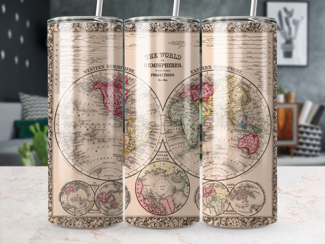 Vintage Map Tumbler, Antique World Map 1863, Travel Cup, Insulated ...