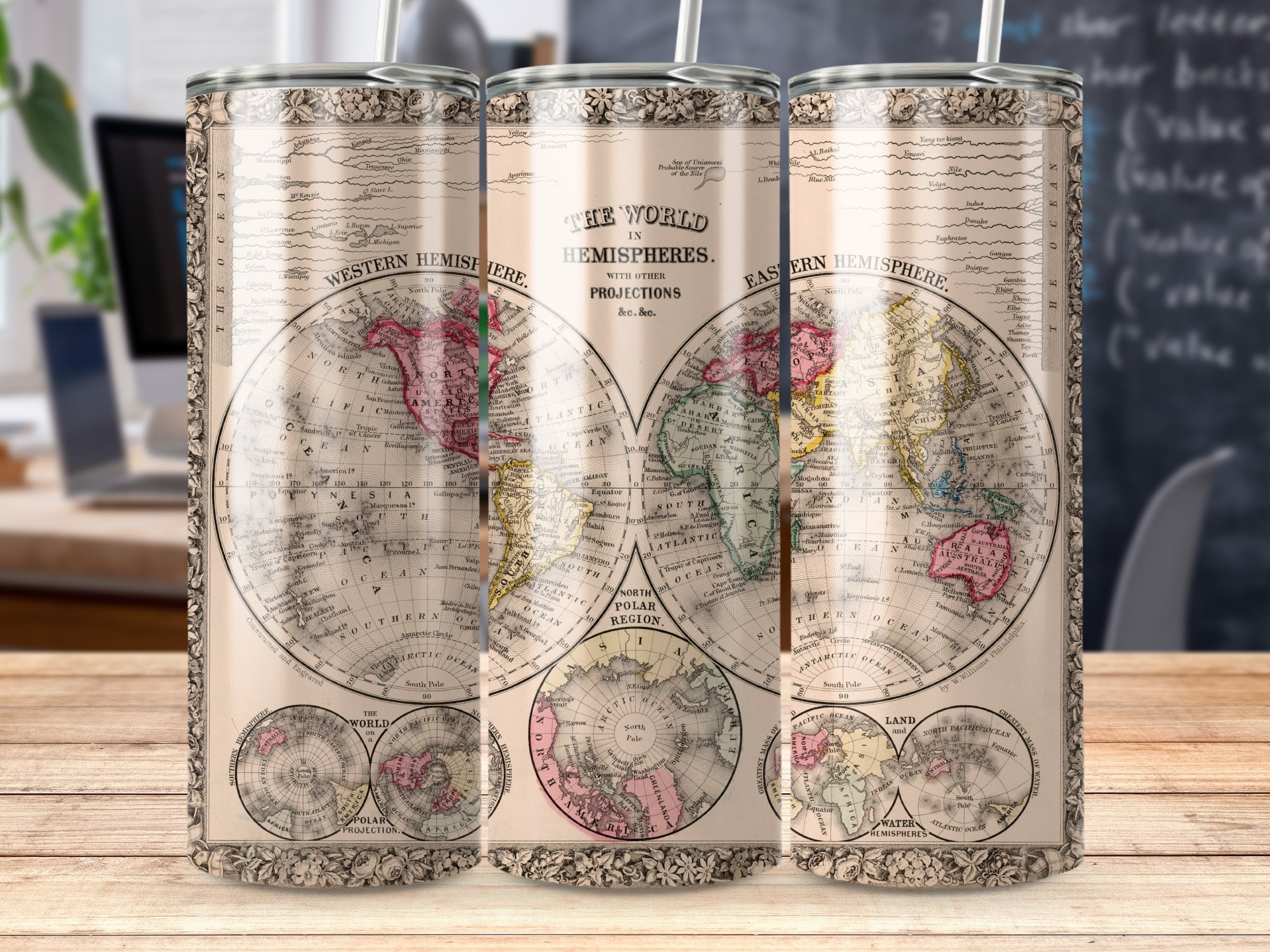 Vintage Map Tumbler, Antique World Map 1863, Travel Cup, Insulated ...