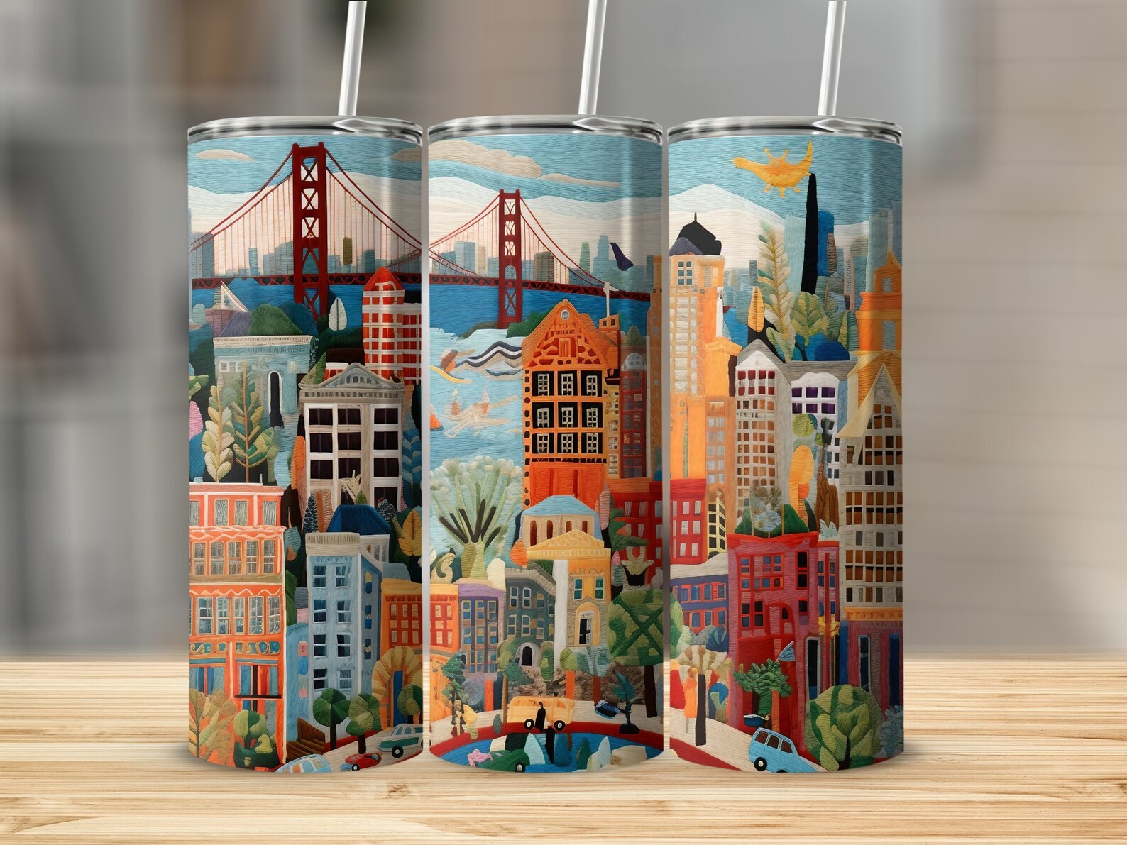 San Francisco Colorful Cityscape Quilt Art Tumbler, Urban Landscape ...