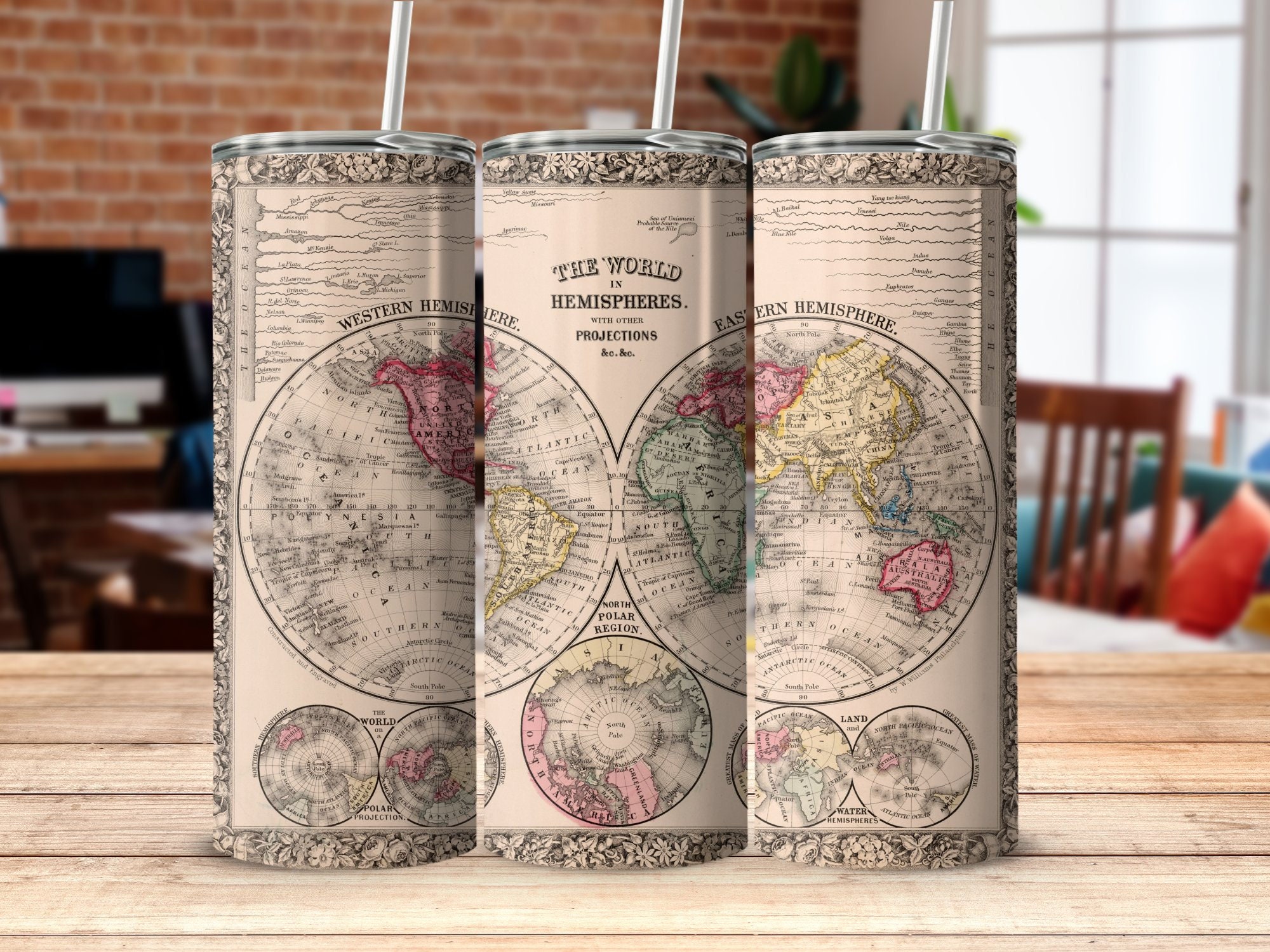 Vintage Map Tumbler, Antique World Map 1863, Travel Cup, Insulated Coffee Mug, Old Cartographic ...