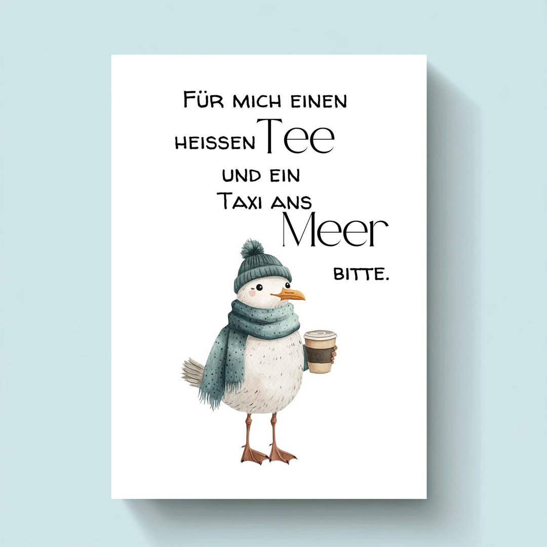 Greeting Card Seagull With Tea – Postcard Sea Longing Mindfulness | DIN ...
