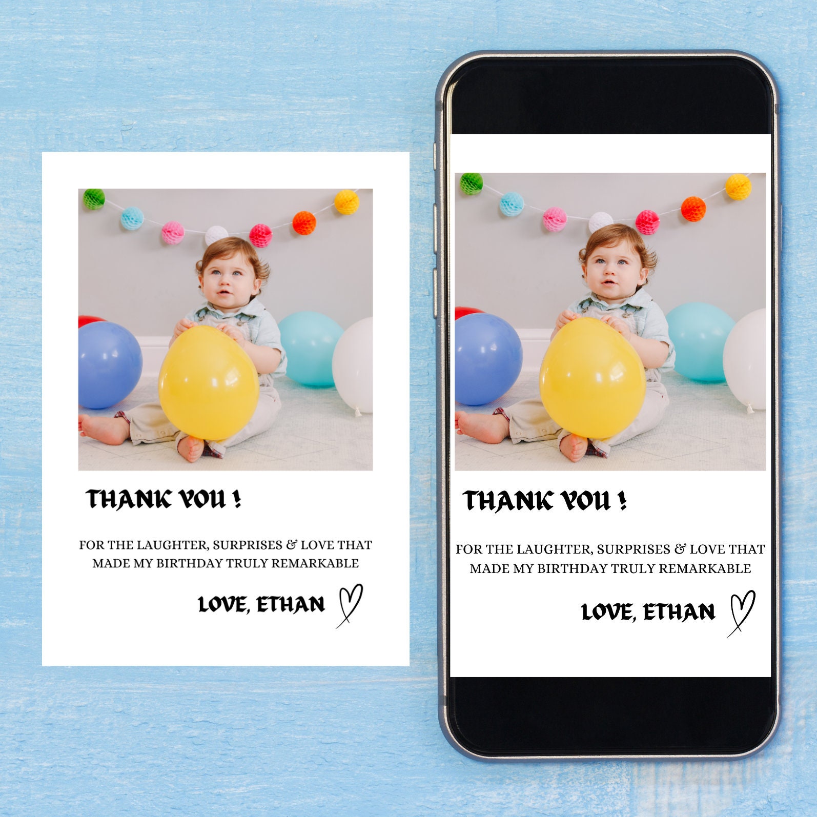 Photo Birthday Thank You Card, Birthday Thank You Card Template, Modern Digital & Printable ...