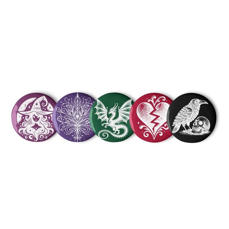 Vibrant Colored Gothic Art Set of 5 Pin Buttons of Raven Witch Dragon ...