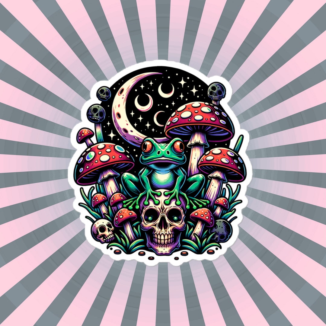 Whimsigoth Weirdcore Frog Mushroom Skull Vinyl Sticker, for Car, Bumper ...