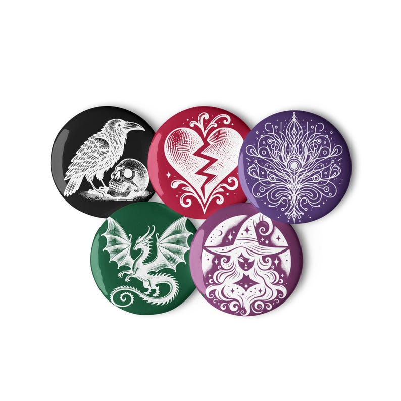 Vibrant Colored Gothic Art Set of 5 Pin Buttons of Raven Witch Dragon ...